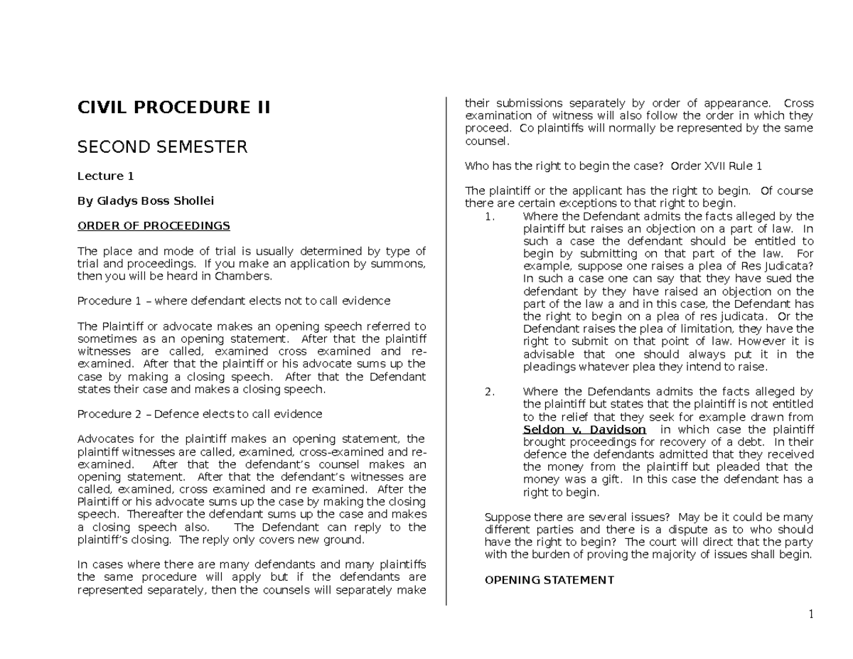 Order of proceedings - CIVIL PROCEDURE II SECOND SEMESTER Lecture 1 By ...