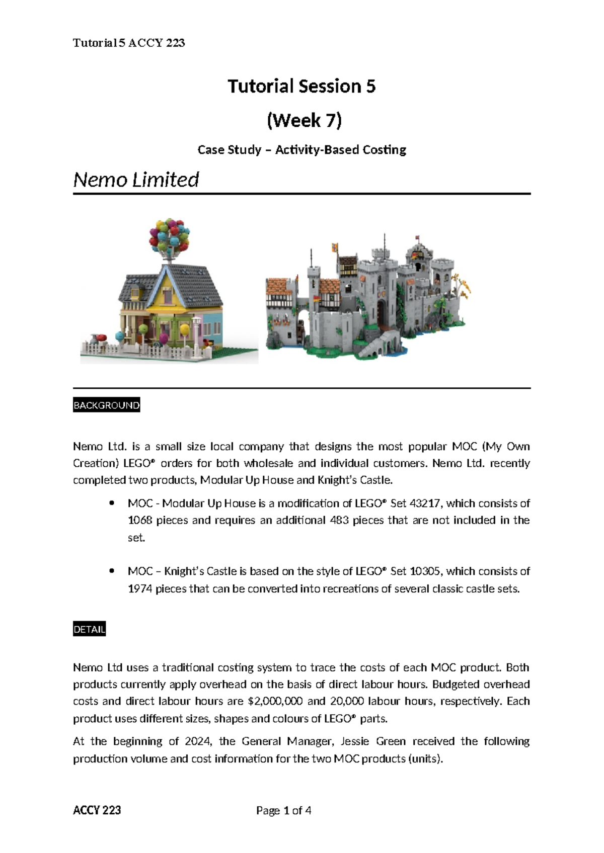 ACCY 223 Tutorial 5 ABC Final - Tutorial 5 ACCY 223 Tutorial Session 5 (Week 7) Case Study ...
