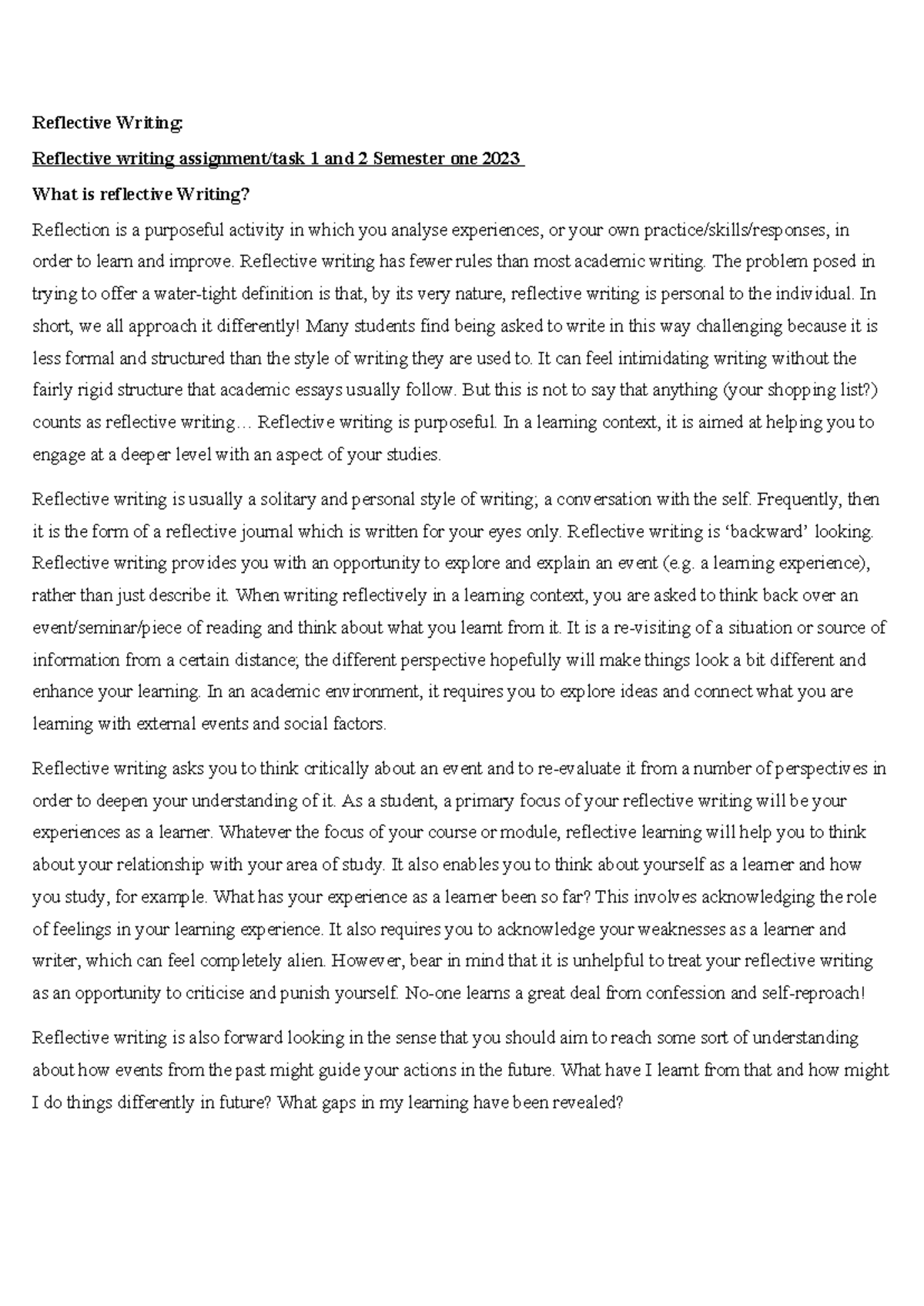 Reflective Writing Task 1 and 2 Semester 1 2023 - Reflective Writing ...