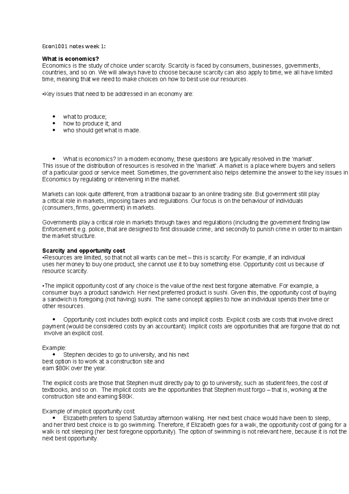 Econ1001 notes week 1 - Scarcity is faced by consumers, businesses ...