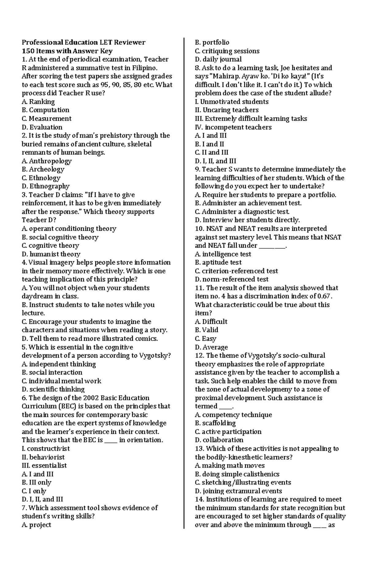 LET Reviewer Part 1 Professional Education with KEY - Professional ...