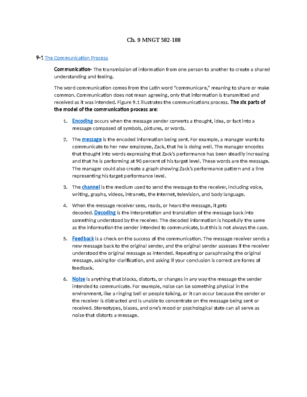Chapter 9 Notes - Ch. 9 MNGT 502- 9-1 The Communication Process ...