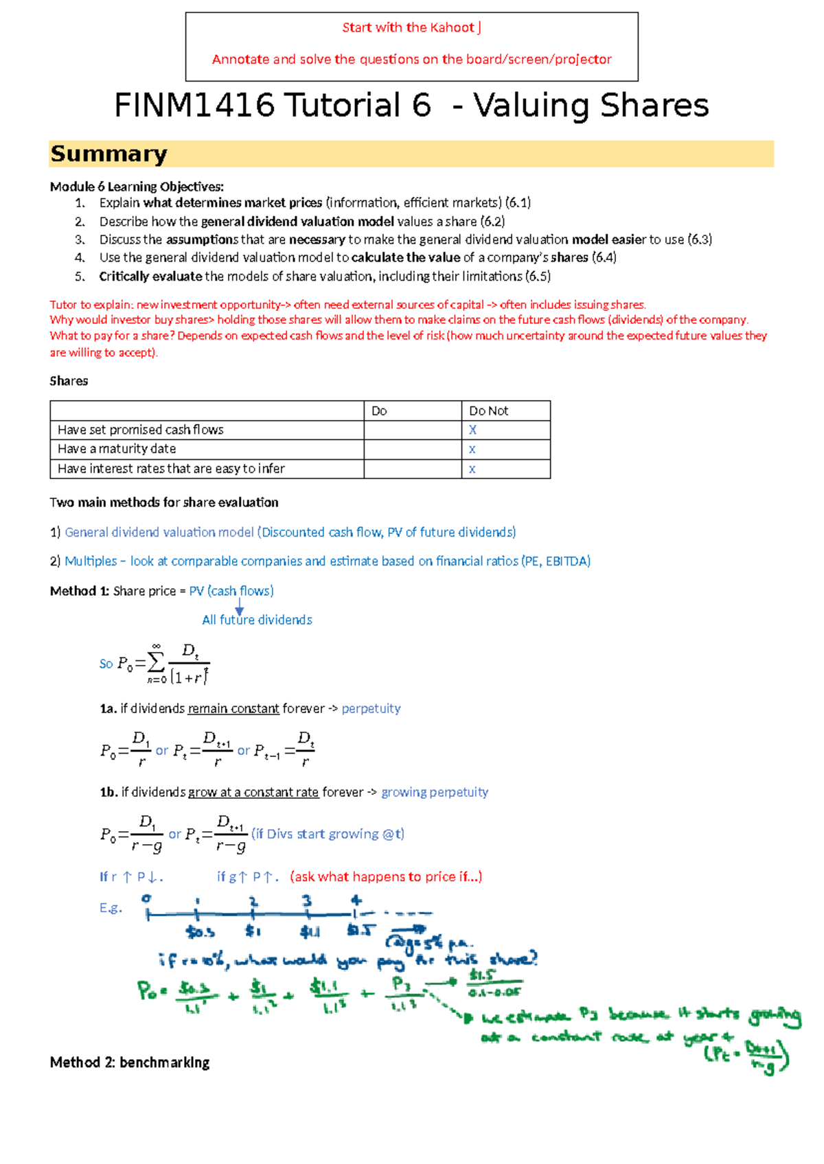 Tutorial 6 Handout Solutions - FINM1416 Tutorial 6 - Valuing Shares ...