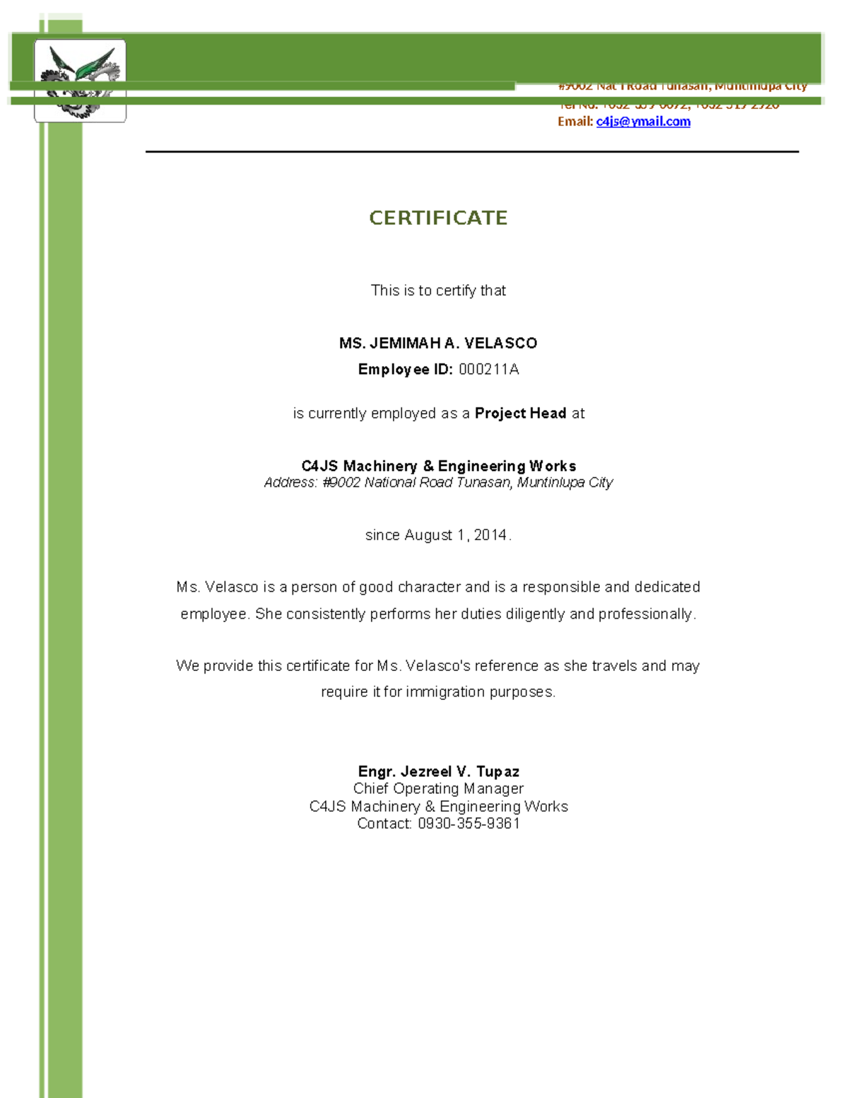 COE - jhghj - #9002 Nat’l Road Tunasan, Muntinlupa City Tel No. +632 ...