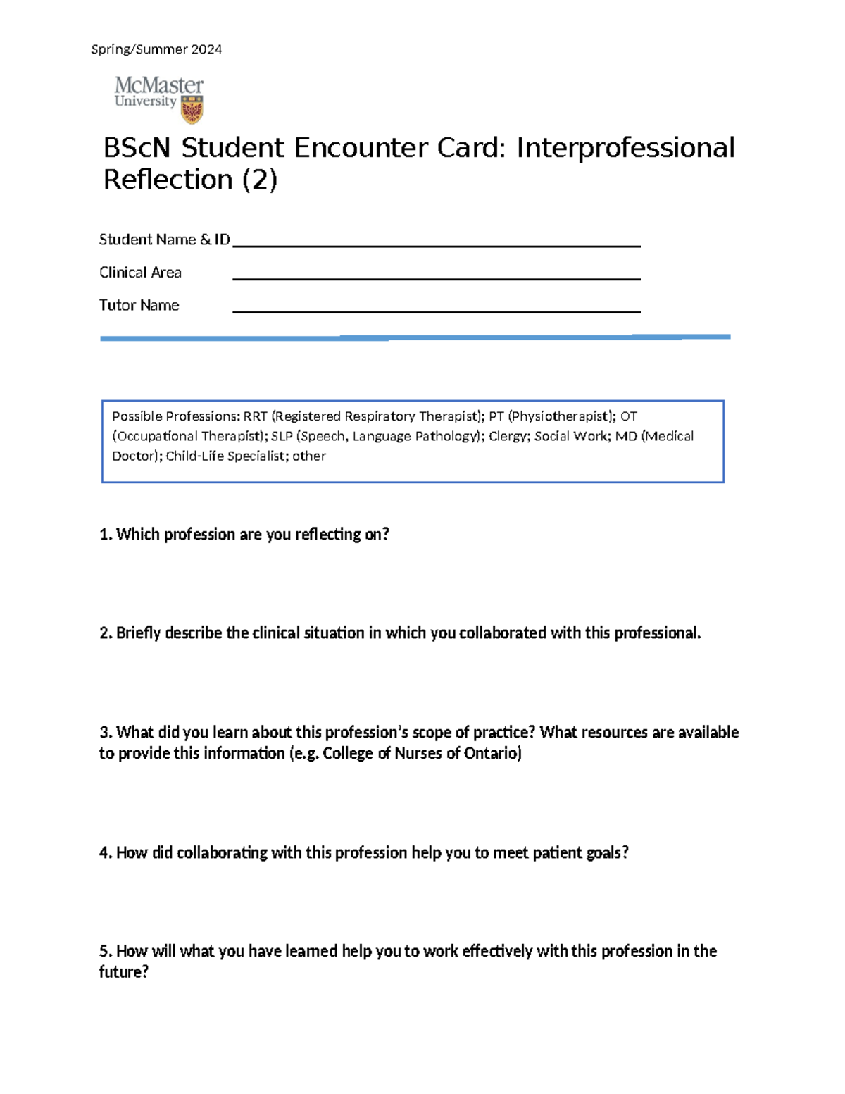 BSc N Encounter Card 2 - Possible Professions: RRT (Registered ...