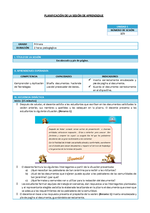 EPT1- Unidad 1 - PLANIFICACIÓN DE LA SESIÓN DE APRENDIZAJE SESION APRENDIZAJE - PLANIFICACIÓN DE ...