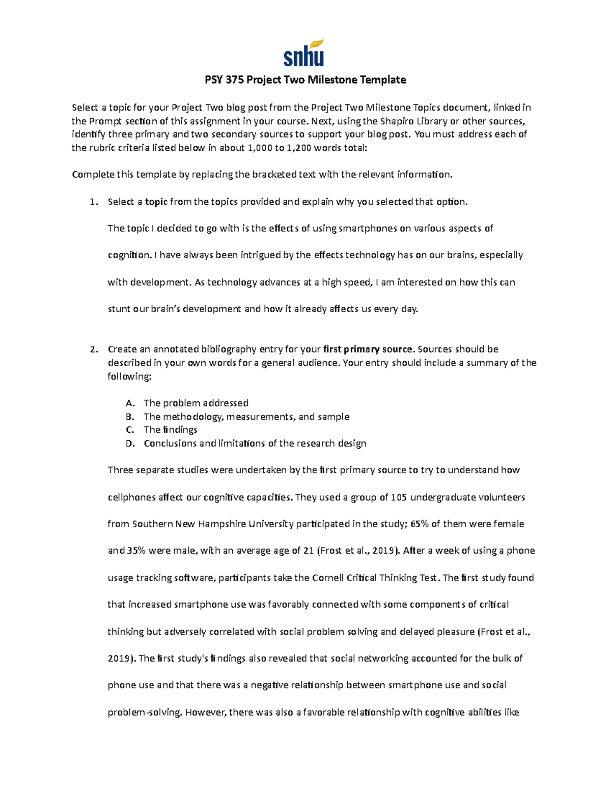 PSY 375 Project Two Milestone Template - PSY 375 Project Two Milestone ...
