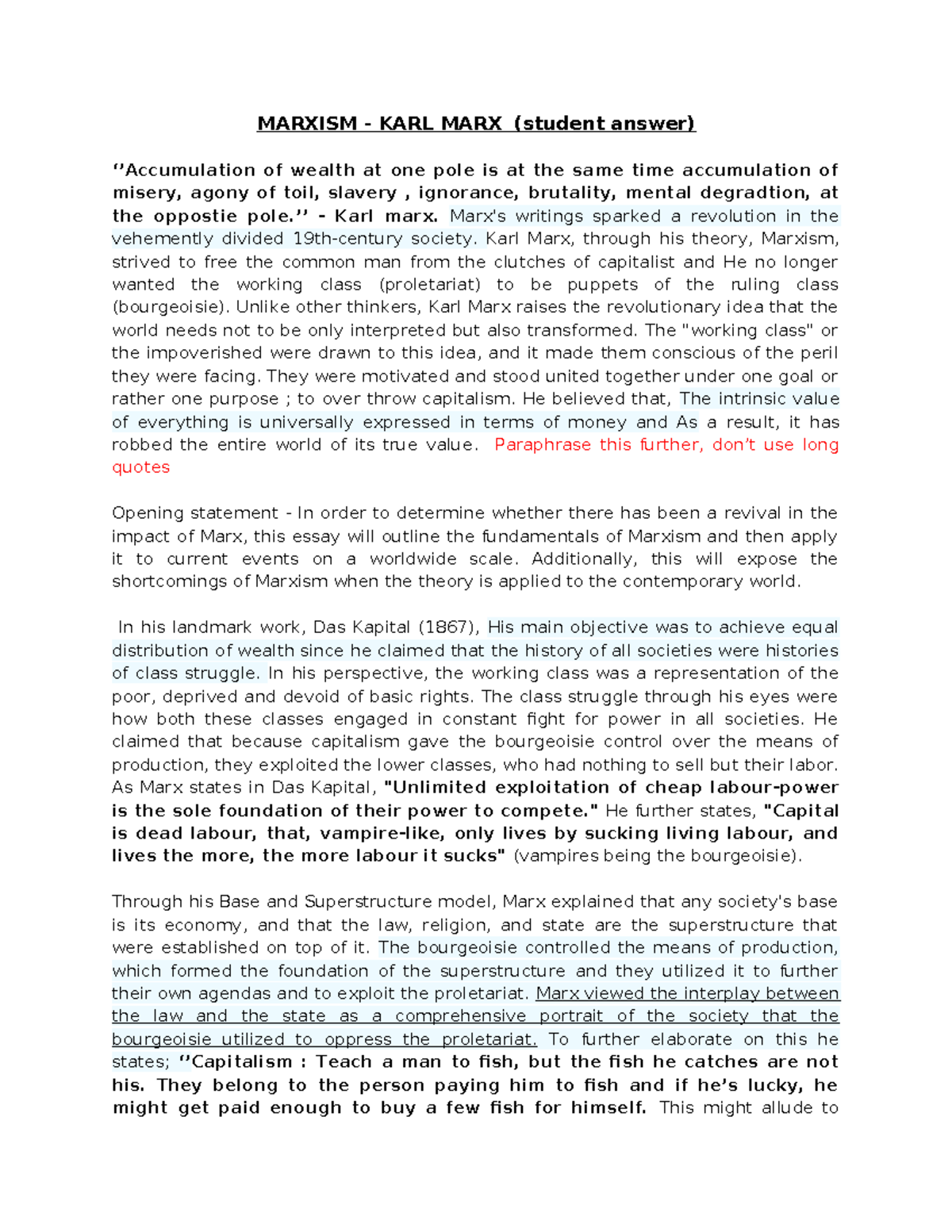 Marxism student answer - MARXISM - KARL MARX (student answer ...