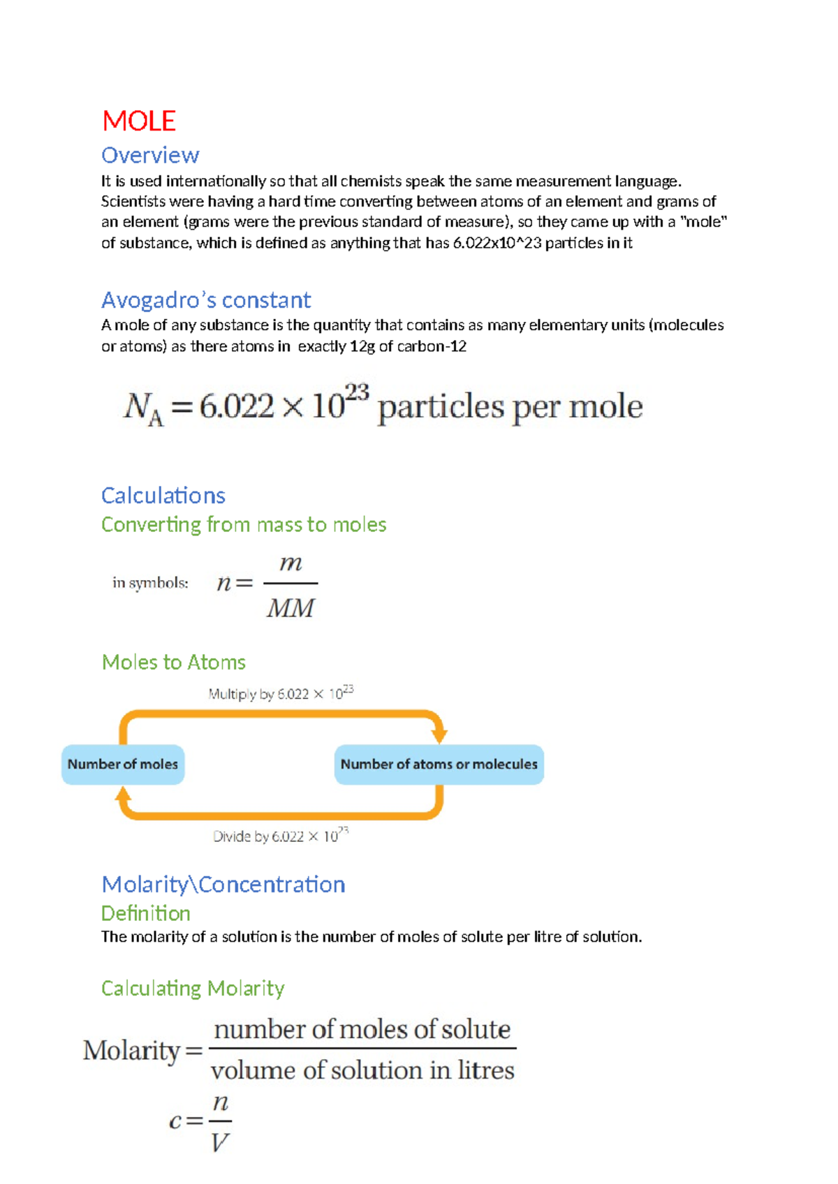 Chemistry Module 2 yr11 - MOLE Overview It is used internationally so ...