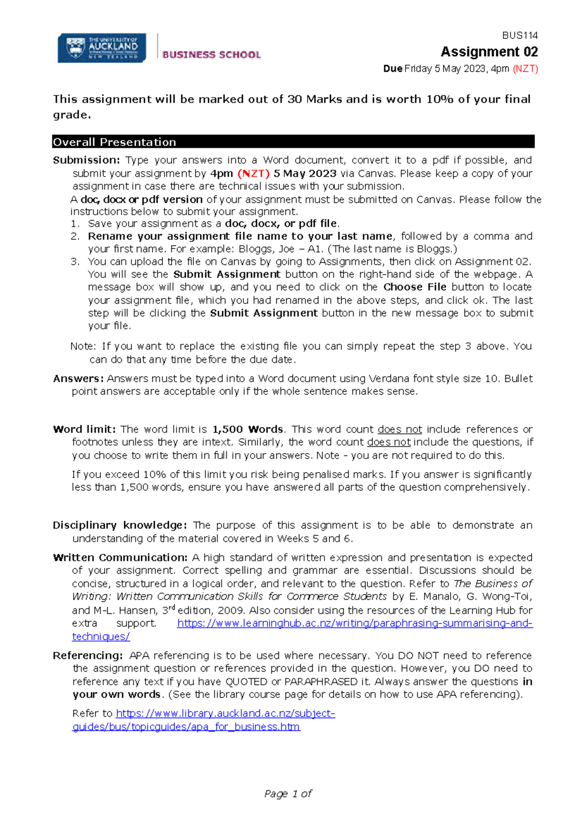 Bus114 Assignment 2 qns with cover sheet-3 - BUS Assignment 02 Due ...