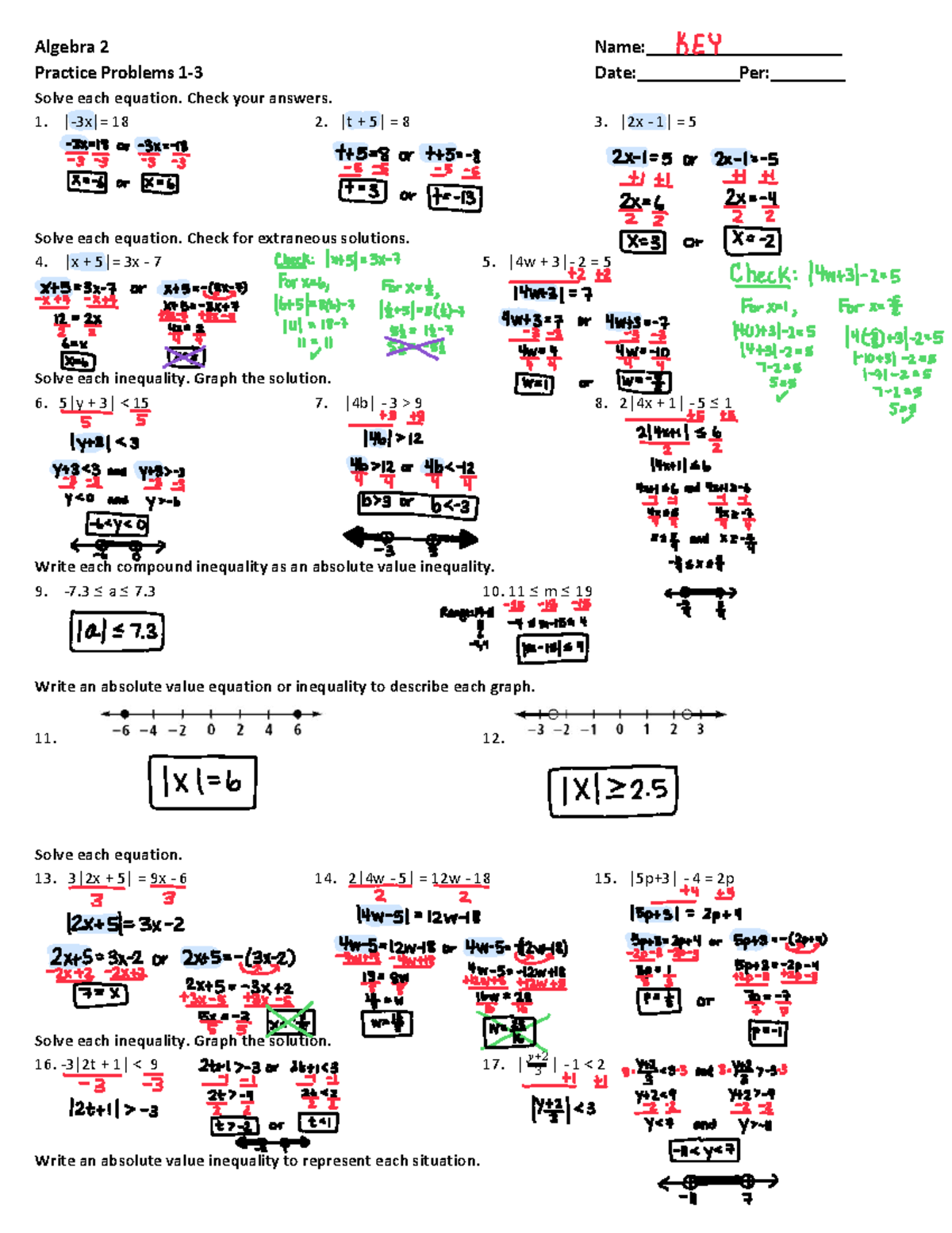 Practice Problems 1-3 and 2-1 KEY - Algebra 2 Name ...