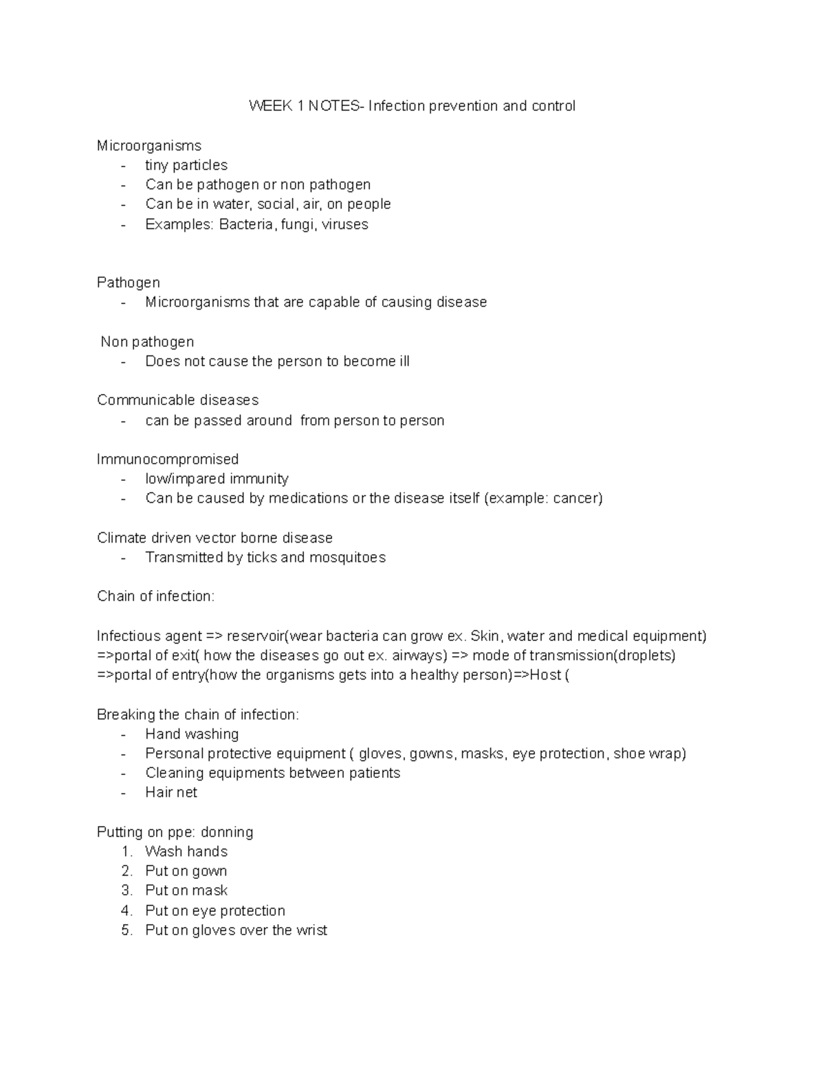 Foundations of nursing - WEEK 1 NOTES- Infection prevention and control ...