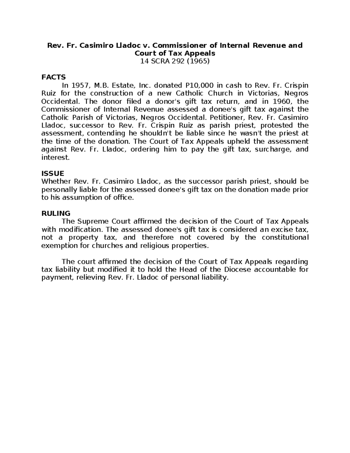 Rev. Fr. Casimiro Lladoc v. Commissioner of Internal Revenue and Court of Tax Appeals - Rev. Fr ...