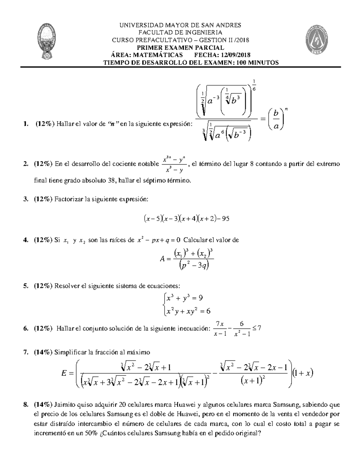 Examen 2018, preguntas y respuestas - Warning: TT: undefined function: 32 UNIVERSIDAD MAYOR DE ...