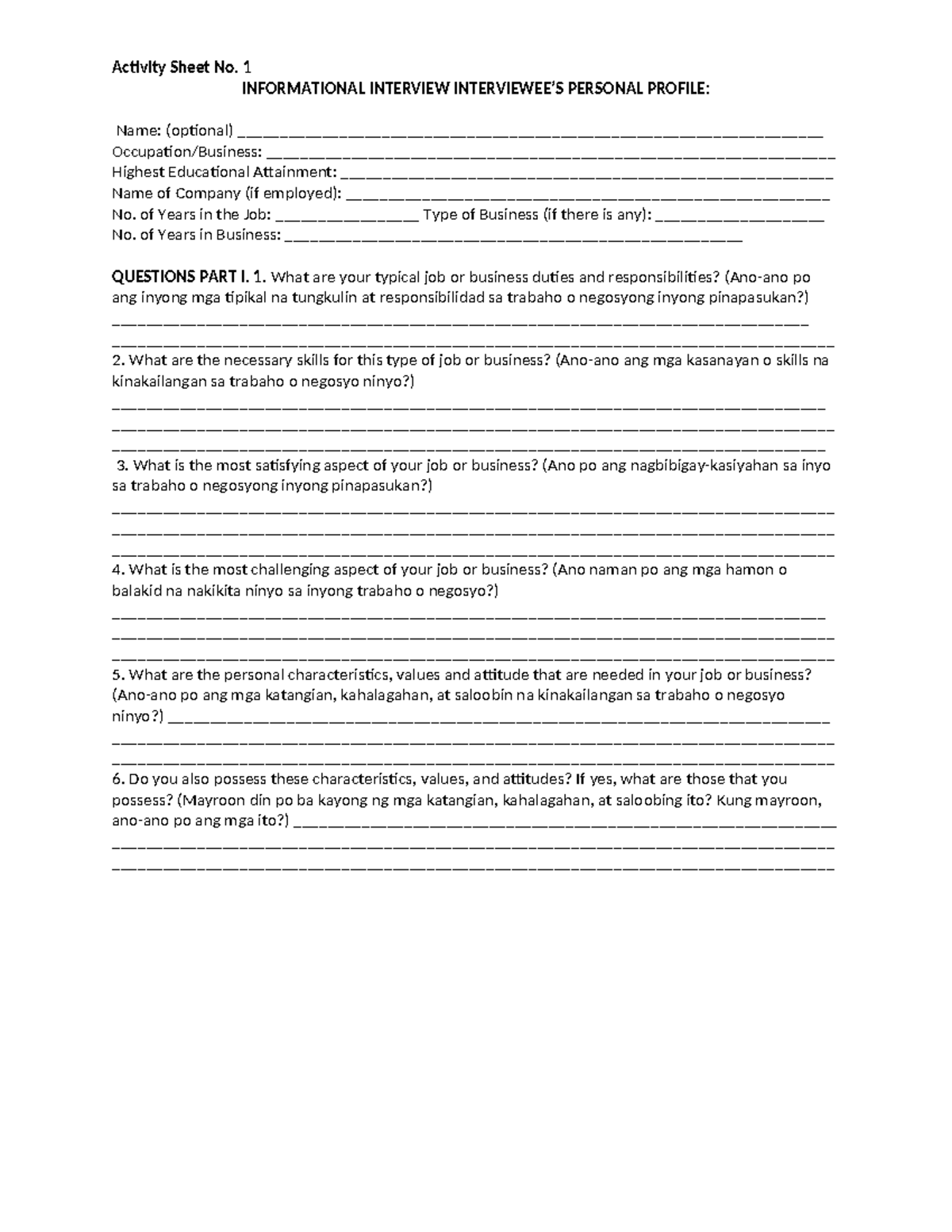 CGAP Module 4 Activity Sheets - Activity Sheet No. 1 INFORMATIONAL INTERVIEW INTERVIEWEE’S ...