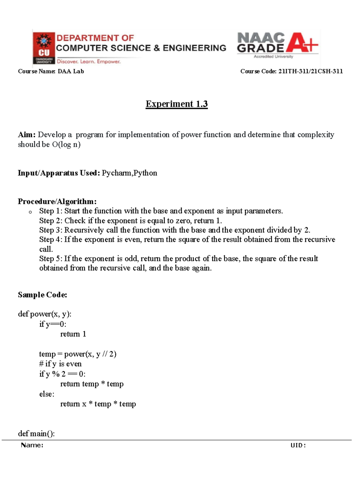 1.3DAA assignment - Course Name: DAA Lab Course Code: 21ITH-311/21CSH- Name: UID: Experiment 1 ...