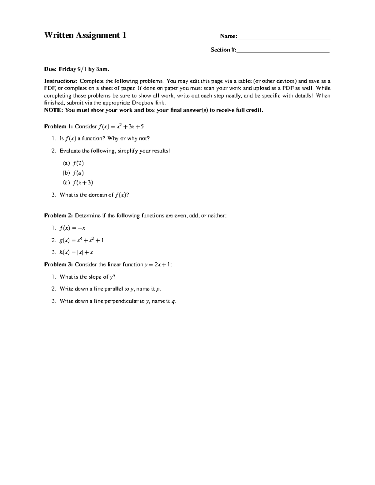 Pre Calc A 1 - sds - Written Assignment 1 Name: Section #: Due: Friday ...