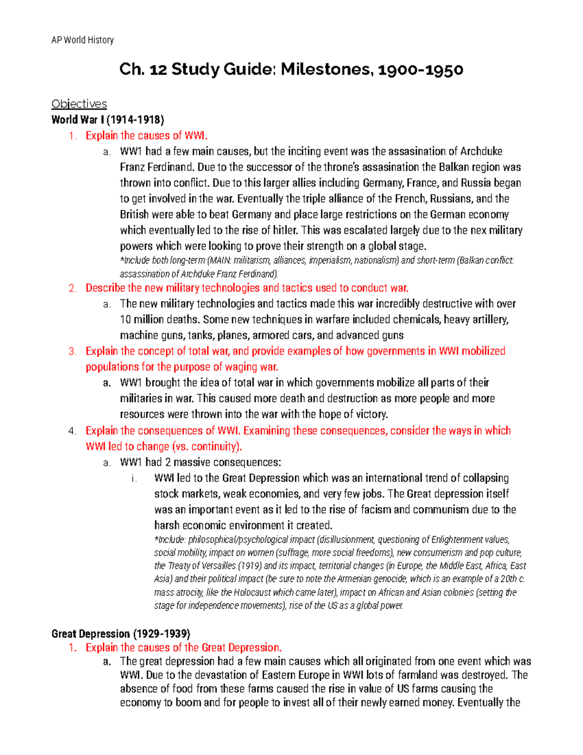 AP World WW1, Great Depression, & WW2 study guide - Ch. 12 Study Guide: Milestones, 1900 ...