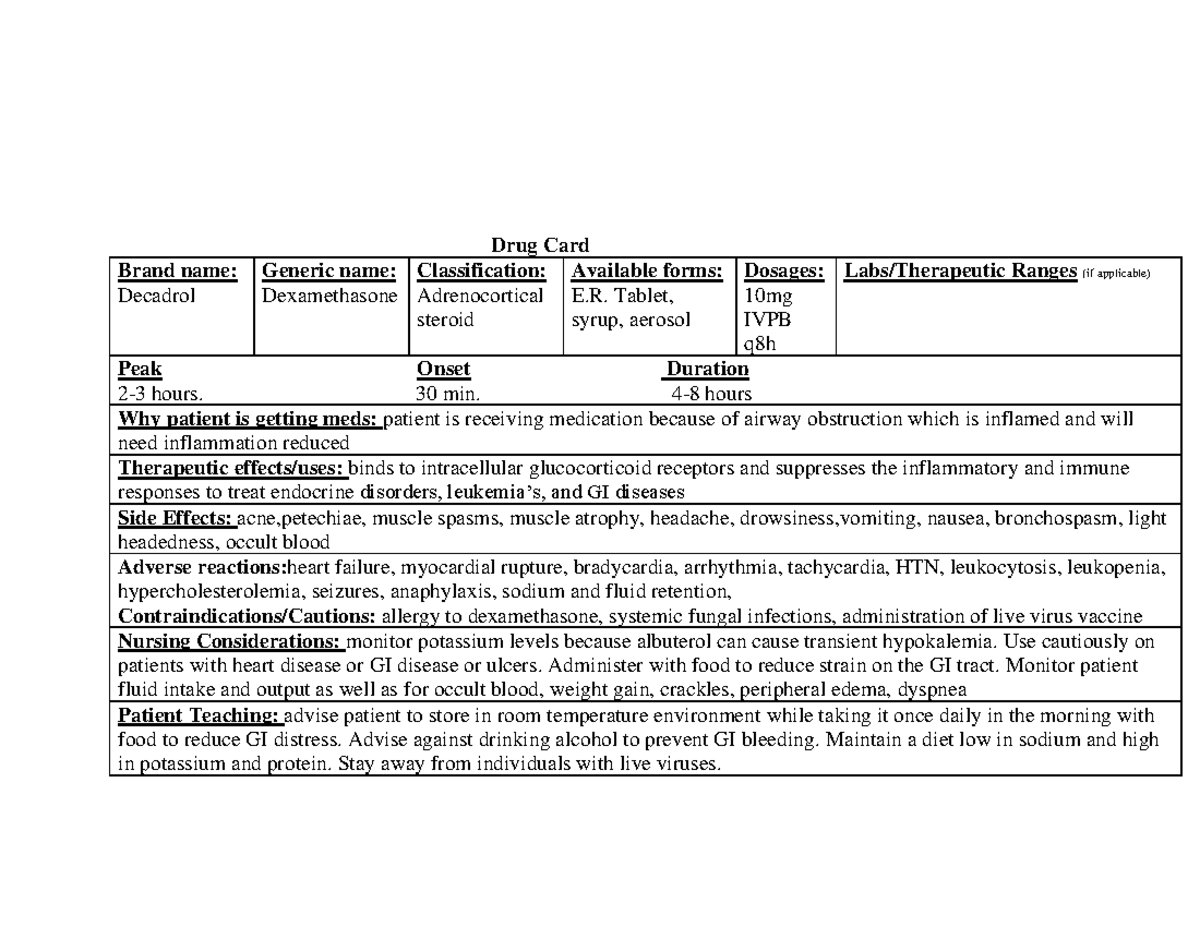 Copy of MEC DRUG Cards 1 copy - Drug Card Brand name: Decadrol Generic ...