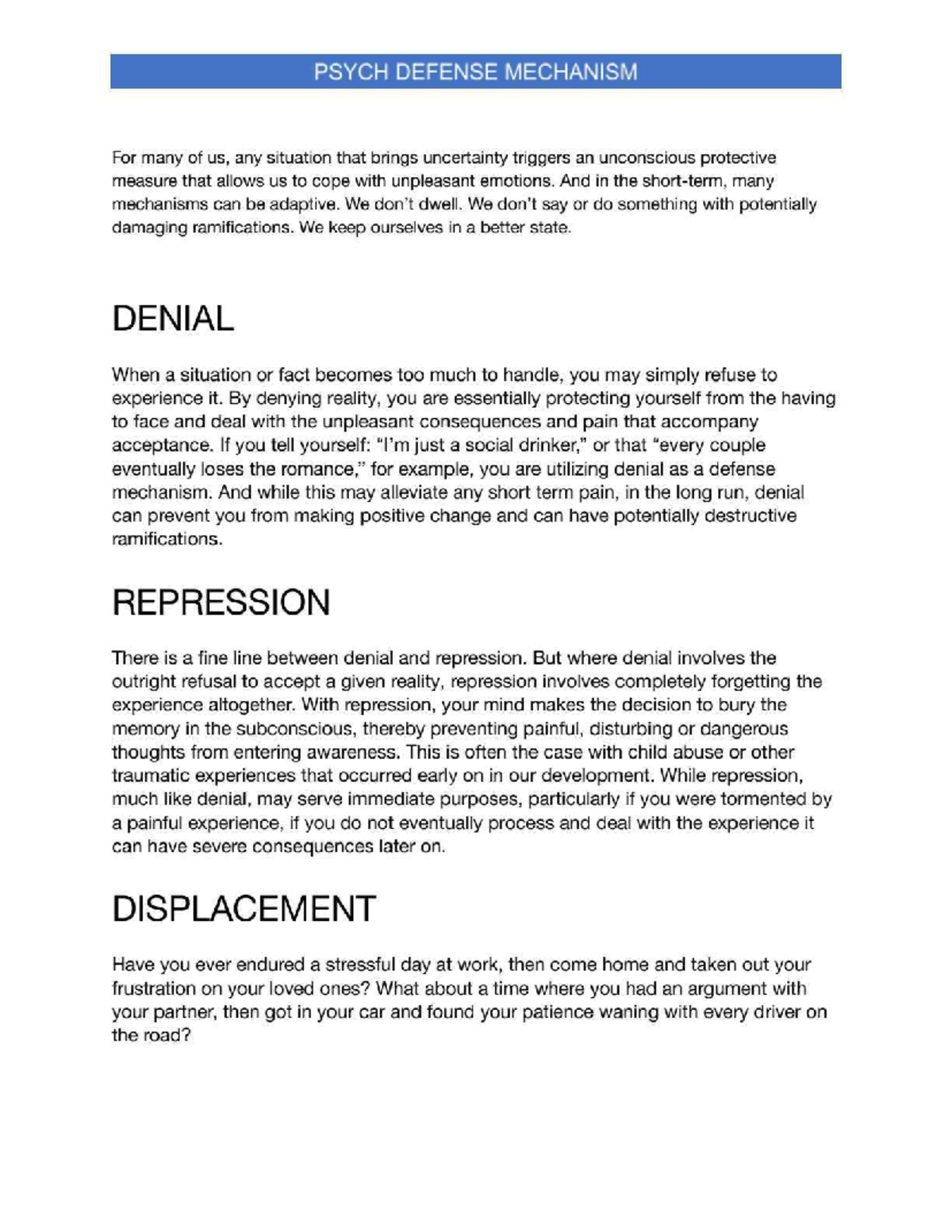 Psych- WK 7 Defense Mechanism Handout - NURSNG345 - Studocu