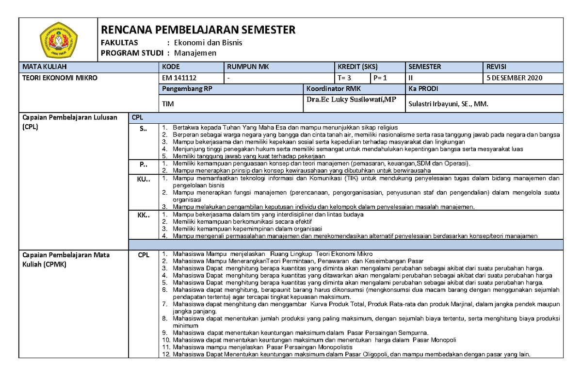 RPS Ekonomi Mikro - UPN Veteran Jatim - RENCANA PEMBELAJARAN SEMESTER ...