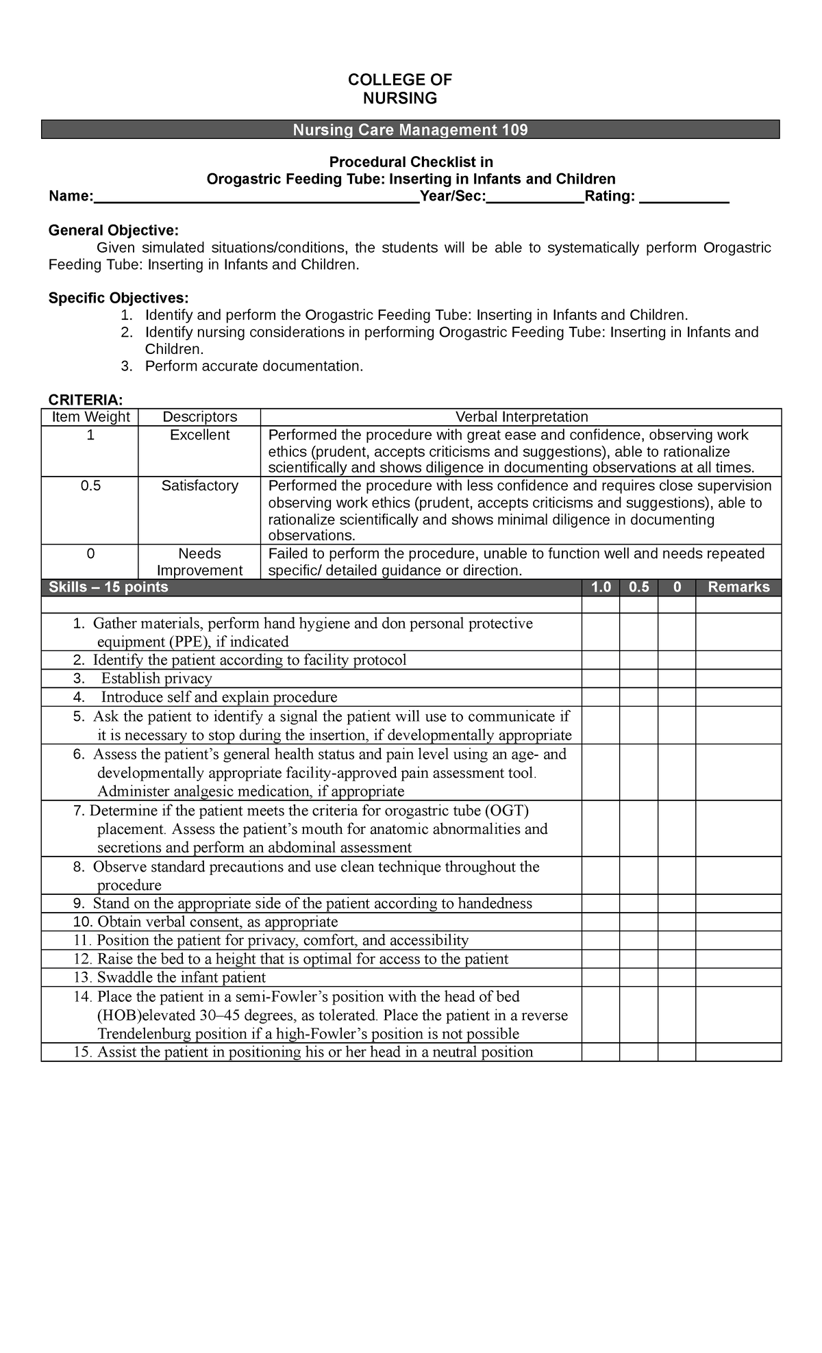 Orogastric Feeding Tube Nursing Retdem Checklist - COLLEGE OF NURSING ...