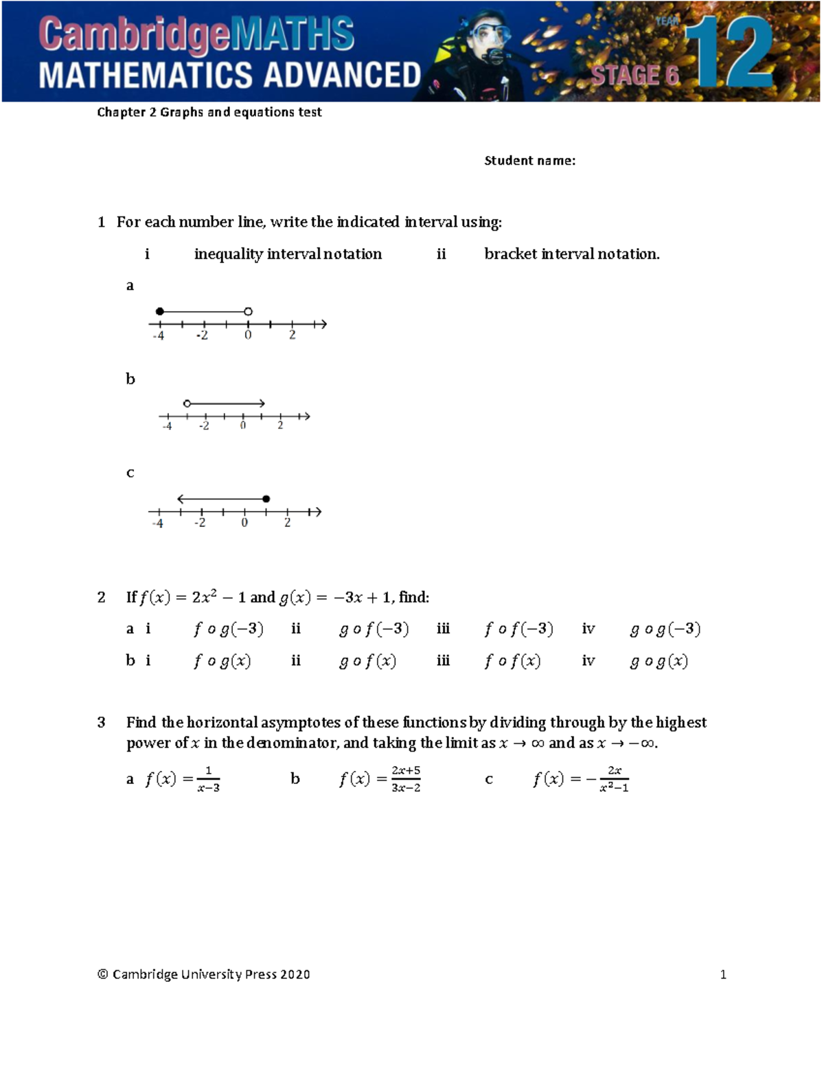 Functions and Inequalities Test - Cambridge - Student name: 1 For each ...
