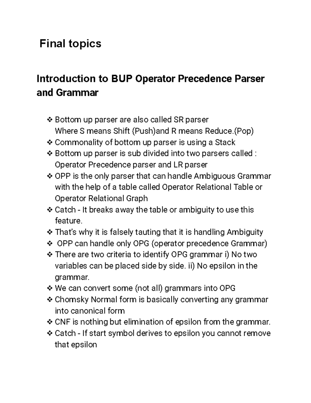Compiler Construction Class Summary - Final topics Introduction to BUP ...