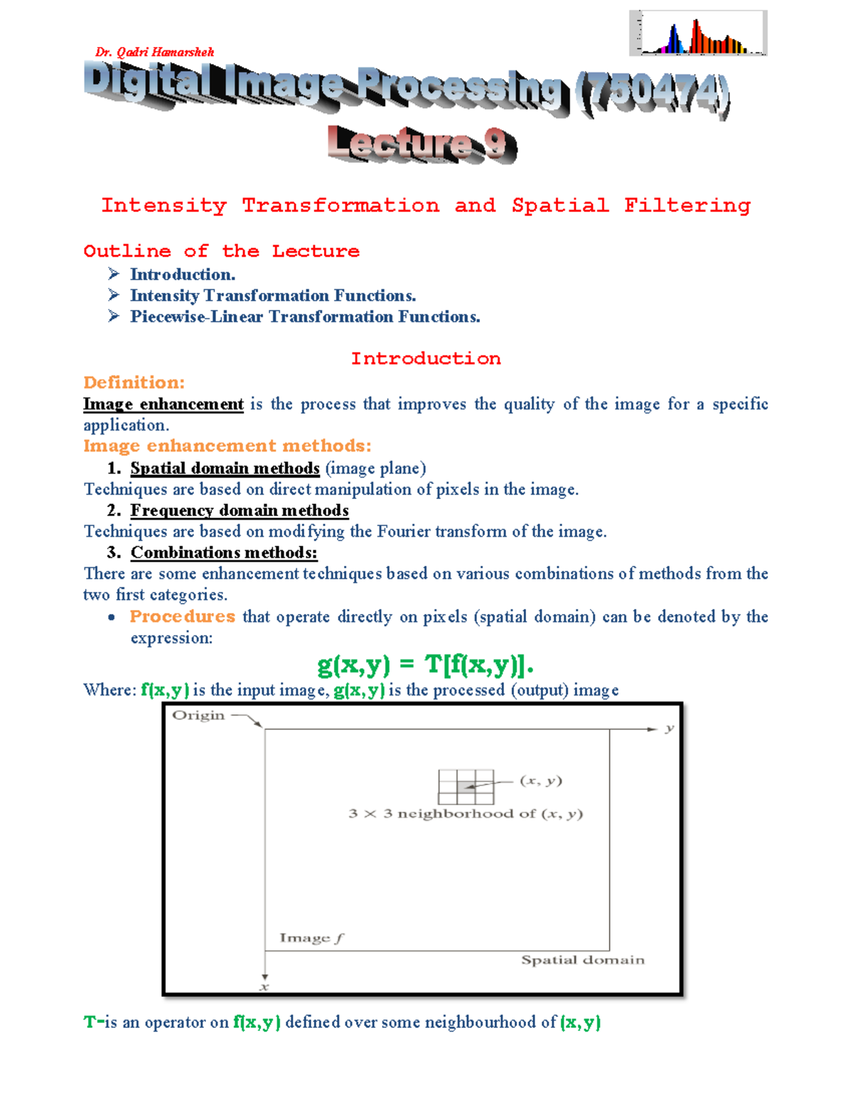Lecture 9 Intensity Transformation and spatial filtering - Intensity ...