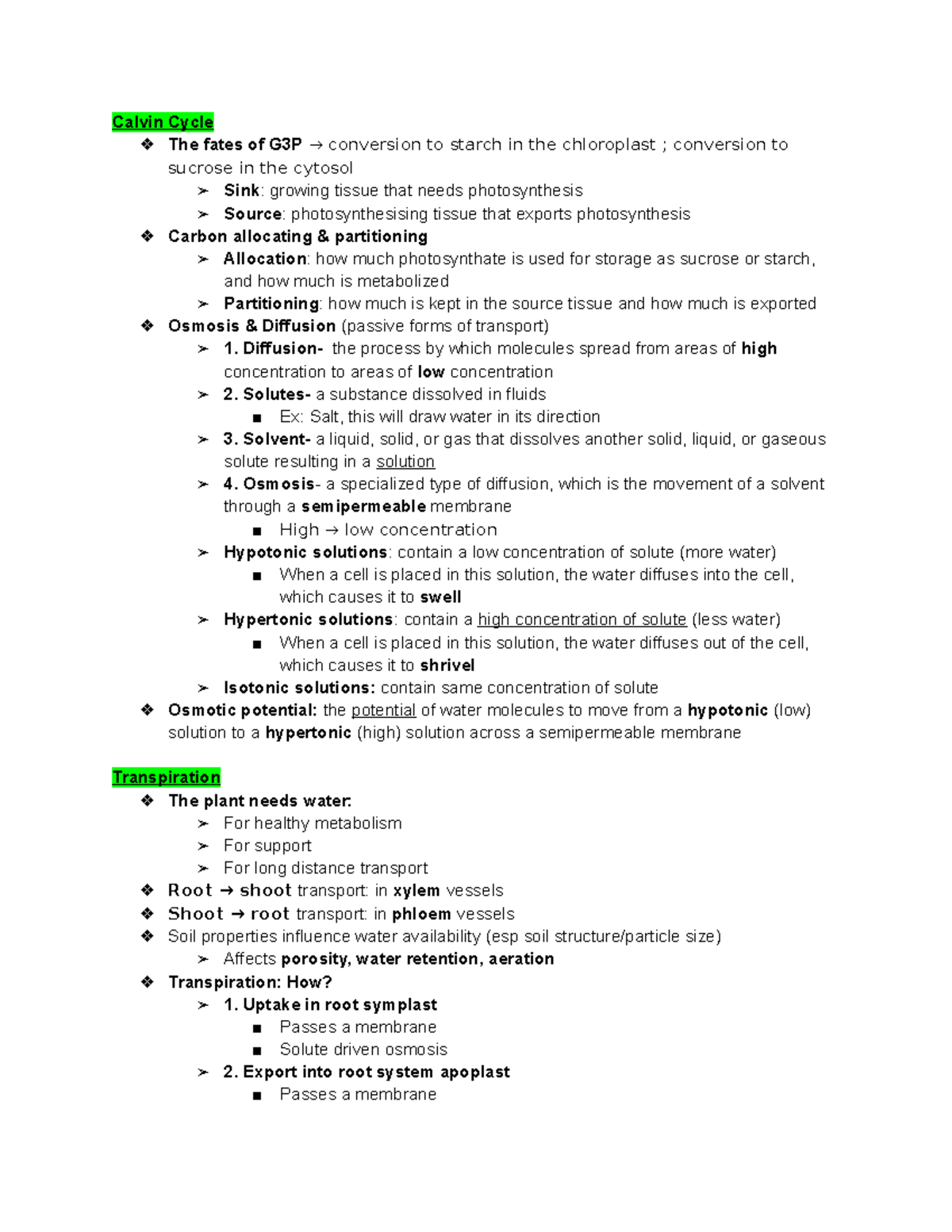PLSC Week 9 Notes - Dr. Harsh Bais - Calvin Cycle The fates of G3P → ...