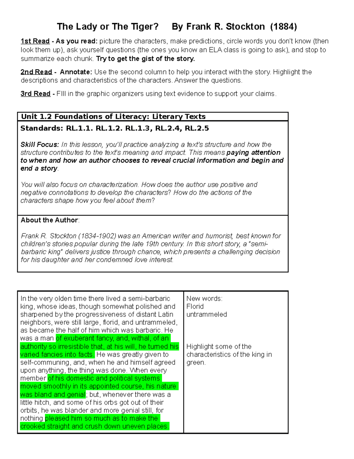 The Lady or The Tiger - Stockton (1884) 1st Read - As you read: picture ...