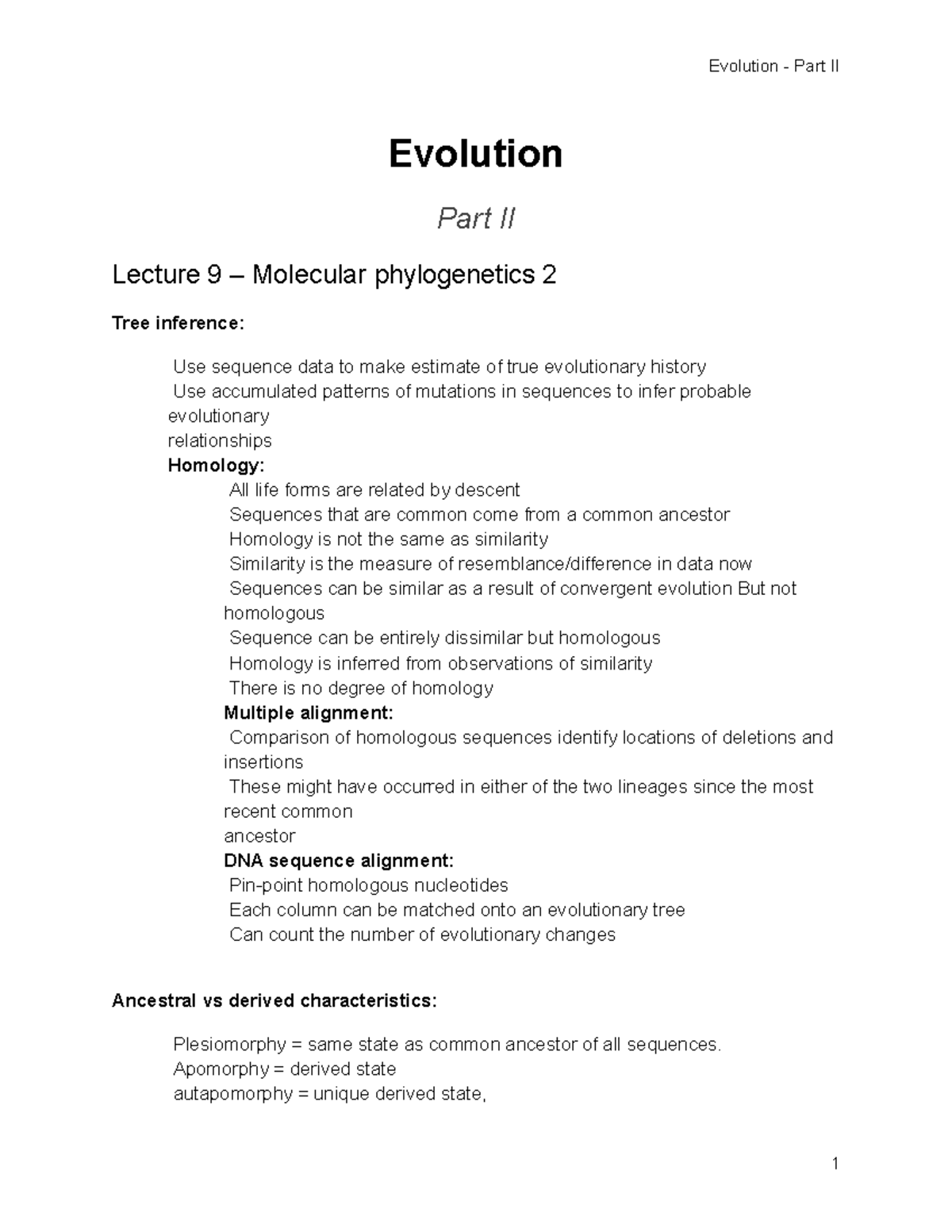 Evolution Pt. 2 - Evolution Part II Lecture 9 – Molecular phylogenetics ...