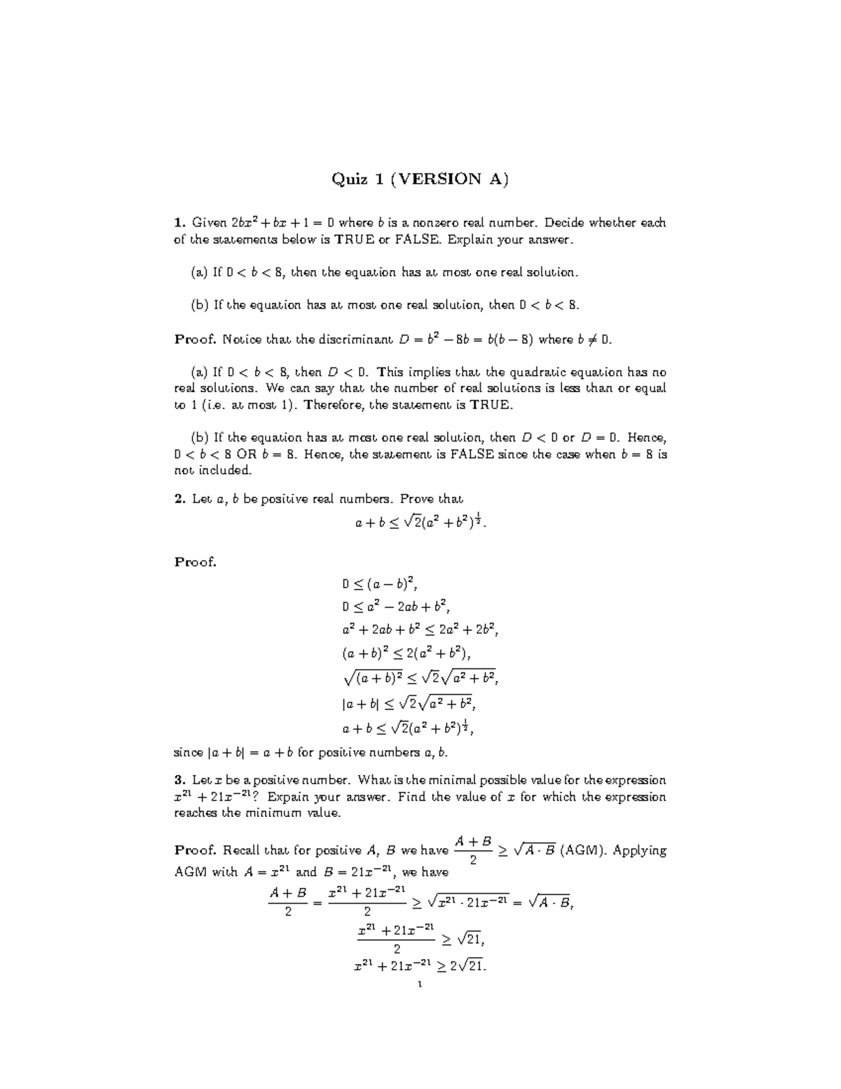 Quiz 1 solutions - Quiz 1 (VERSION A) Given 2bx 2 + bx + 1 = 0 where b is a nonzero real number ...