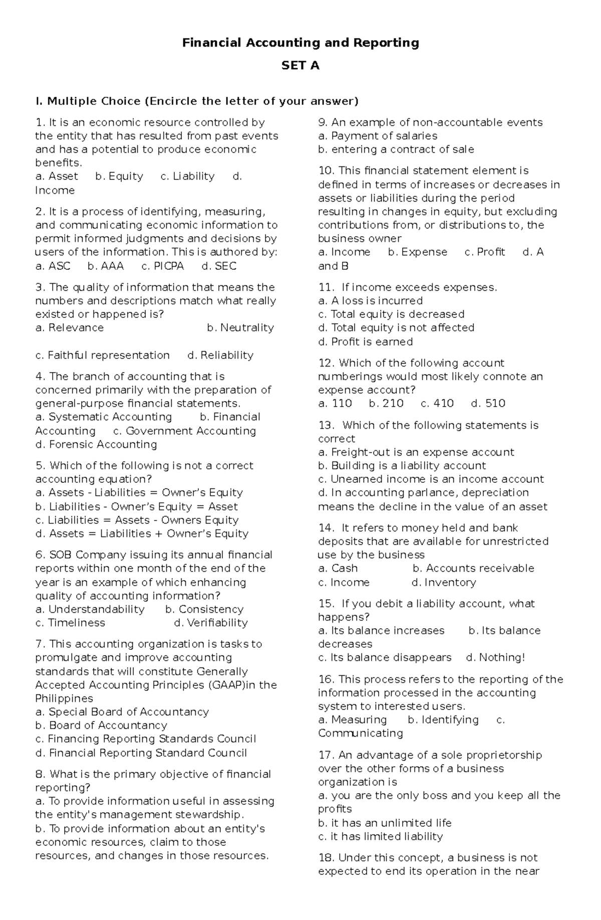 FAR 1 Quiz - Quiz for FAR 1 - Financial Accounting and Reporting SET A ...