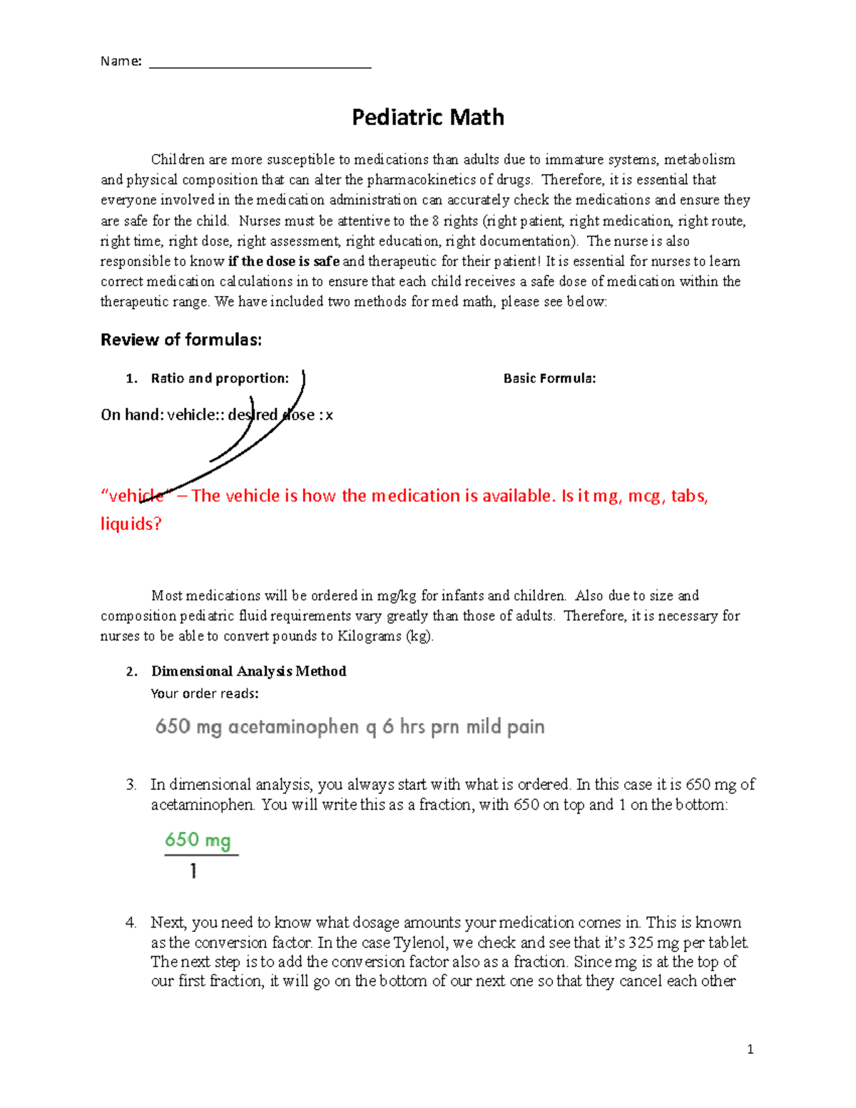 Peds Med Math Packet - Pediatric Math Children are more susceptible to medications than adults ...