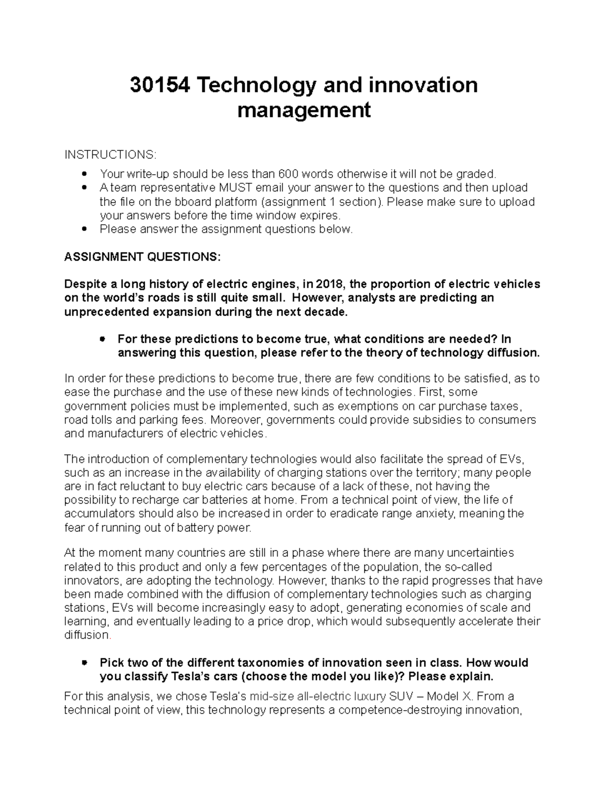 Teamwork 1 Tesla case - Group Case study #1 - 30154 Technology and ...