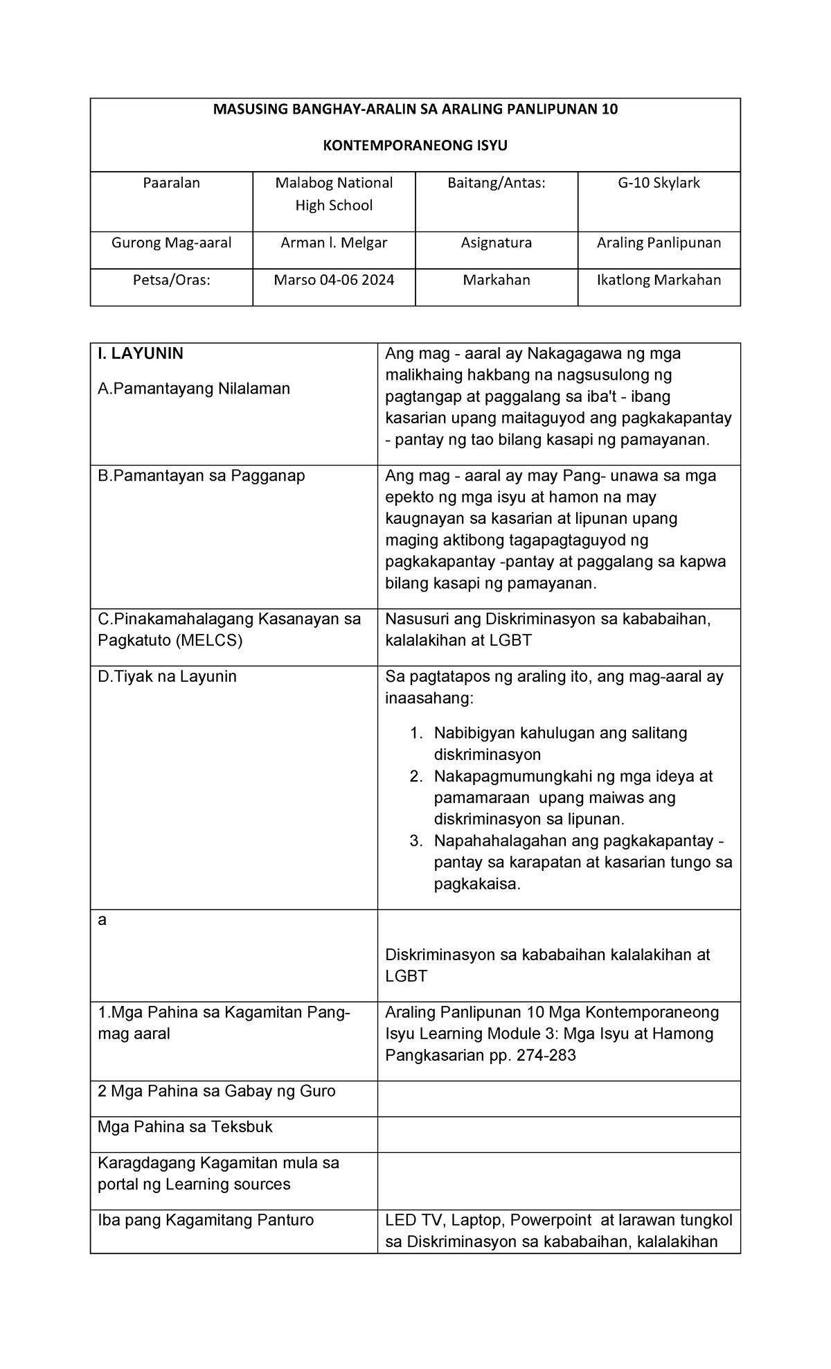Lesson-4- Diskriminasyon- Aramn - MASUSING BANGHAY-ARALIN SA ARALING ...