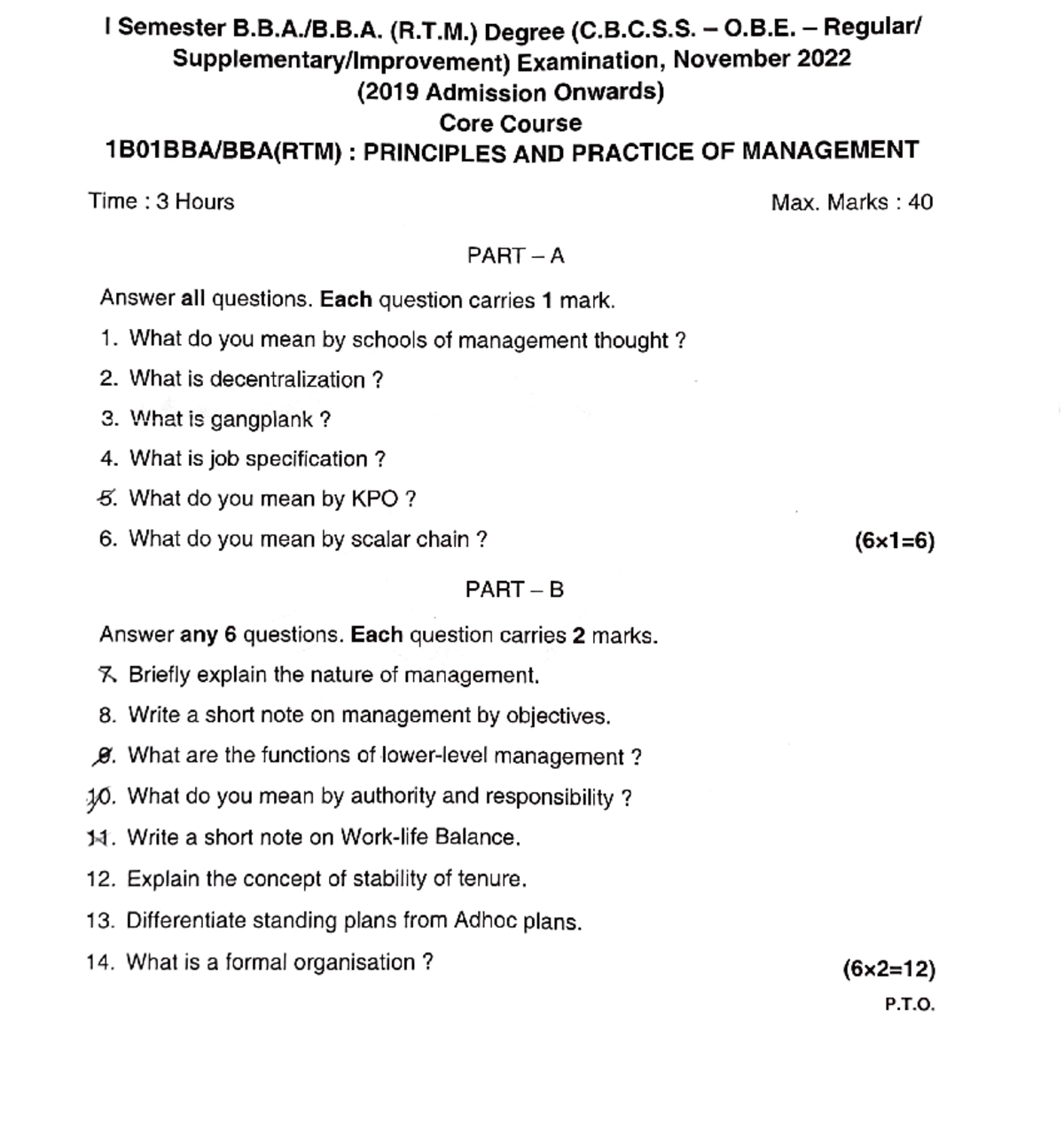 BBA Question paper sem1 - I Semester B.B.A./B.B. (R.T.) Degree (C.B.C.S ...