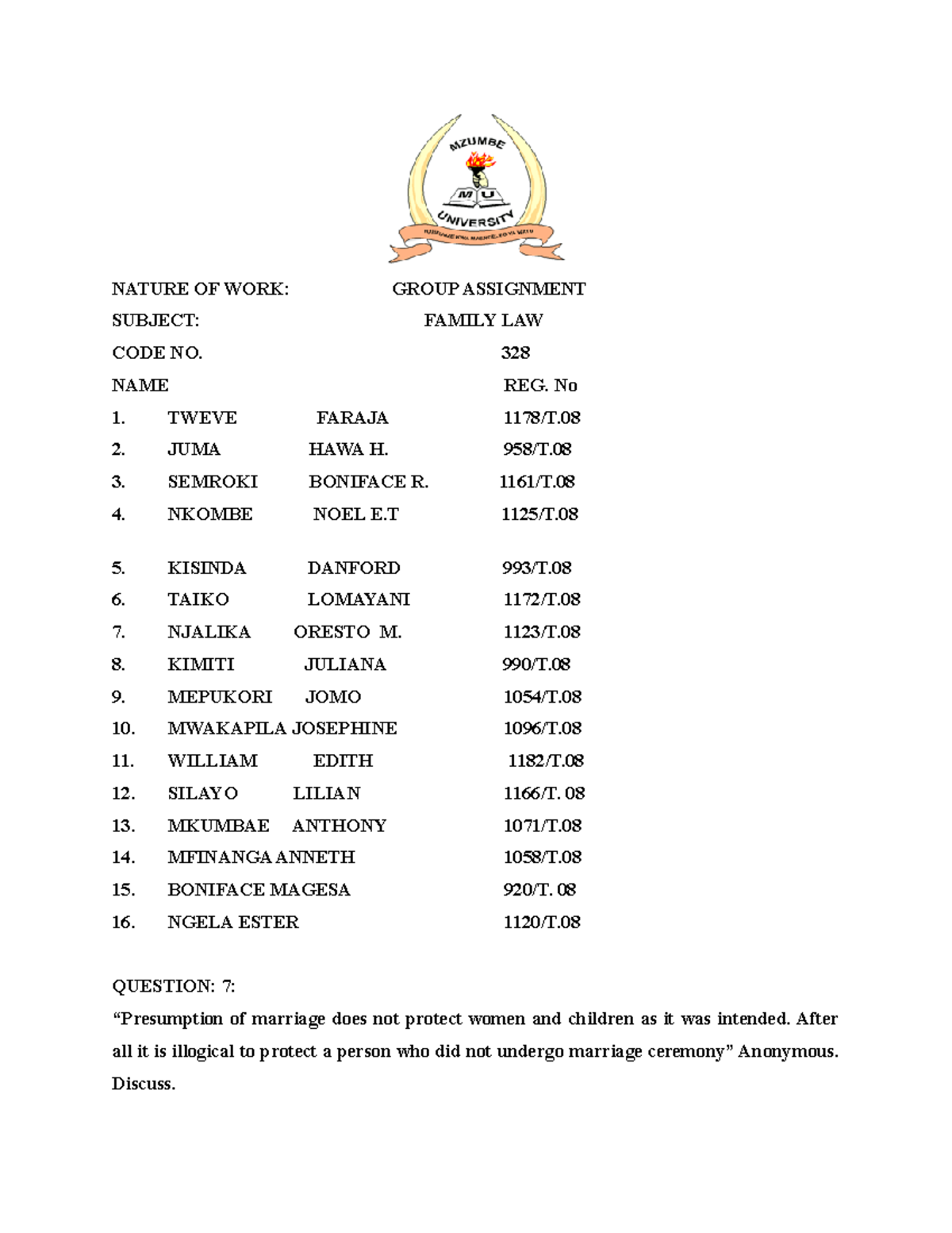 Group family Assignment 2 - NATURE OF WORK: GROUP ASSIGNMENT SUBJECT: FAMILY LAW CODE NO. 328 ...