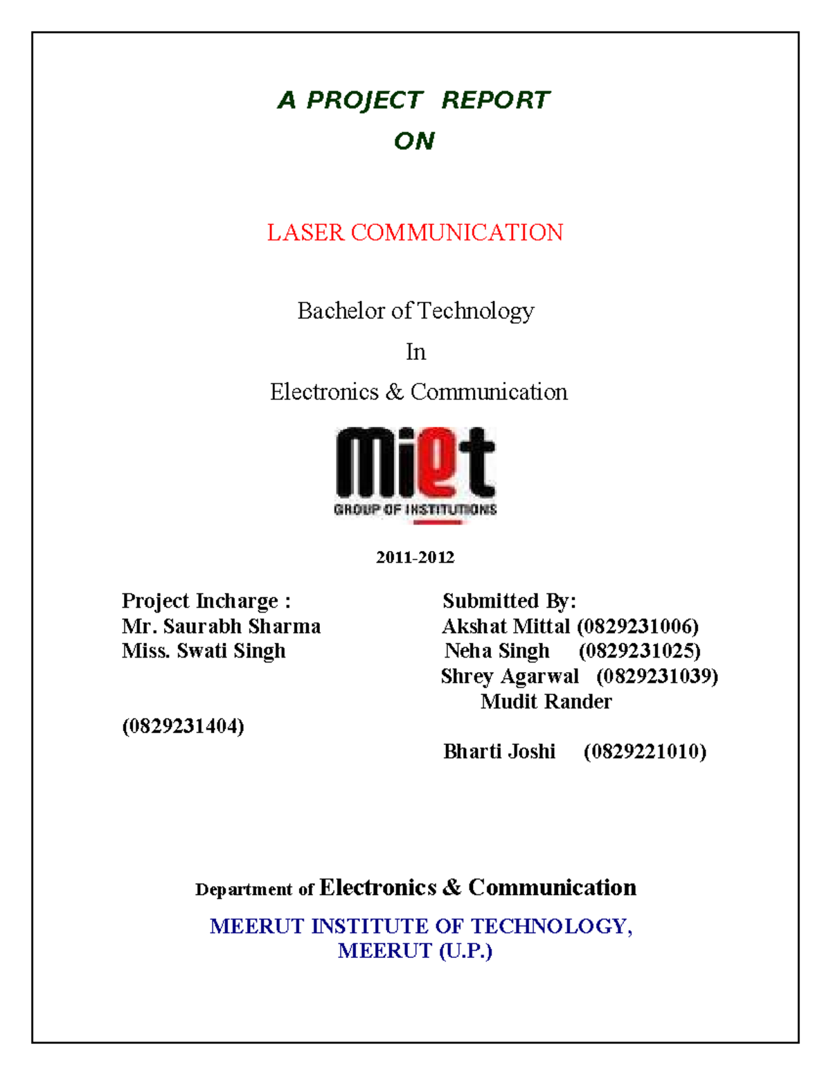 106168730-Laser-Communication - ####### A PROJECT REPORT ####### ON ...