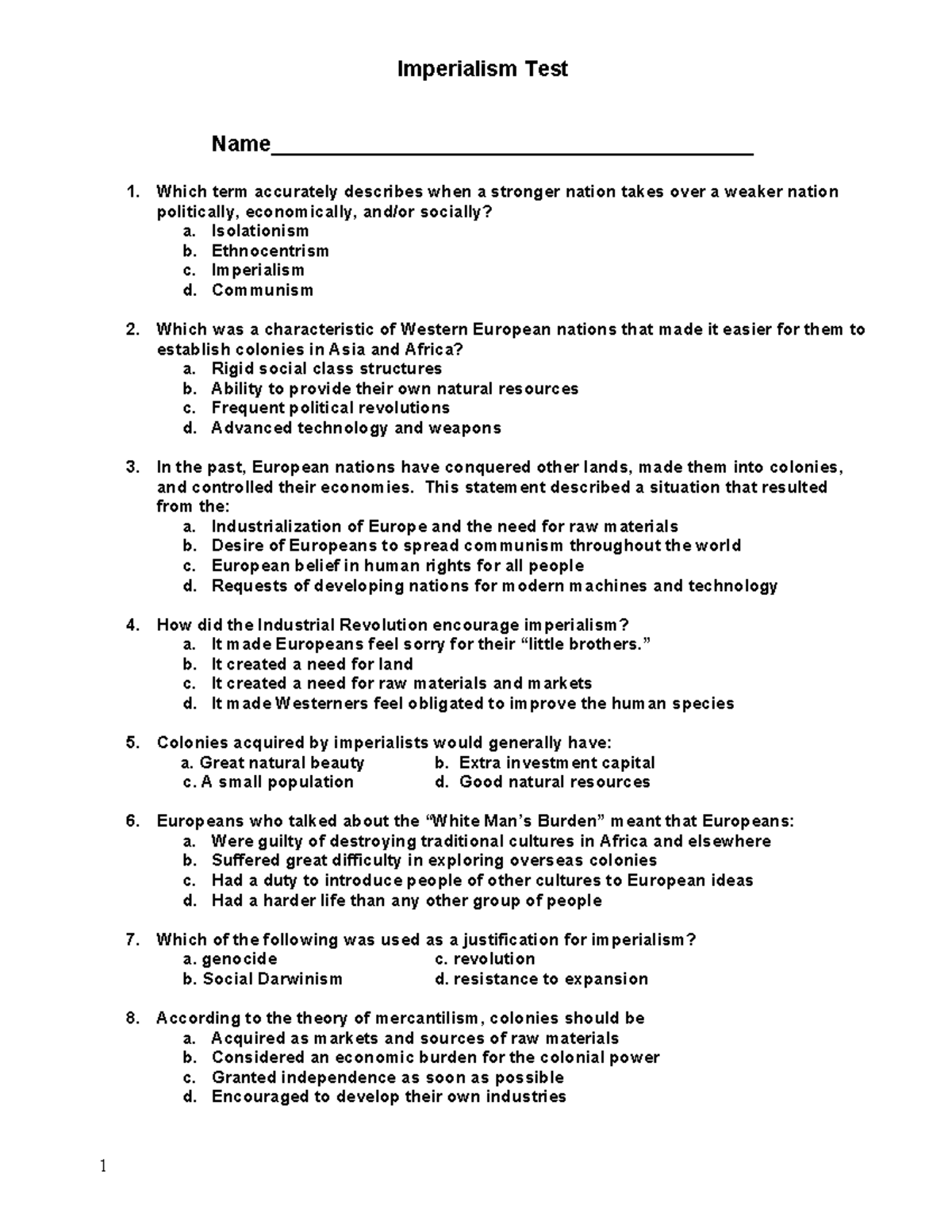 Ch. 25 - 26 -Test on Imperialism - Name ...