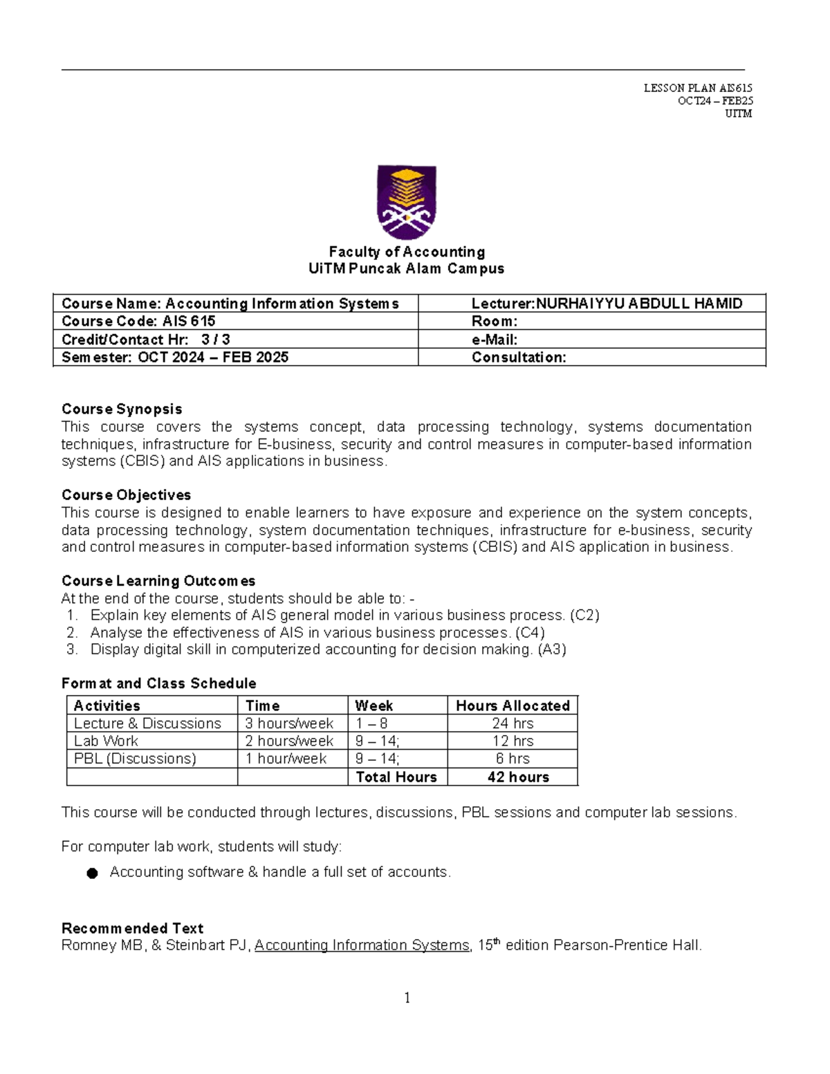 AIS615 Lesson PLAN OCT2024-FEB2025 - LESSON PLAN AIS OCT24 – FEB UITM ...