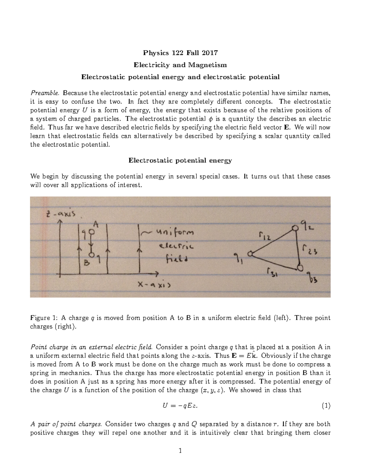 Lecture notes on Electrostatic Energy and Potential Energy - Physics ...