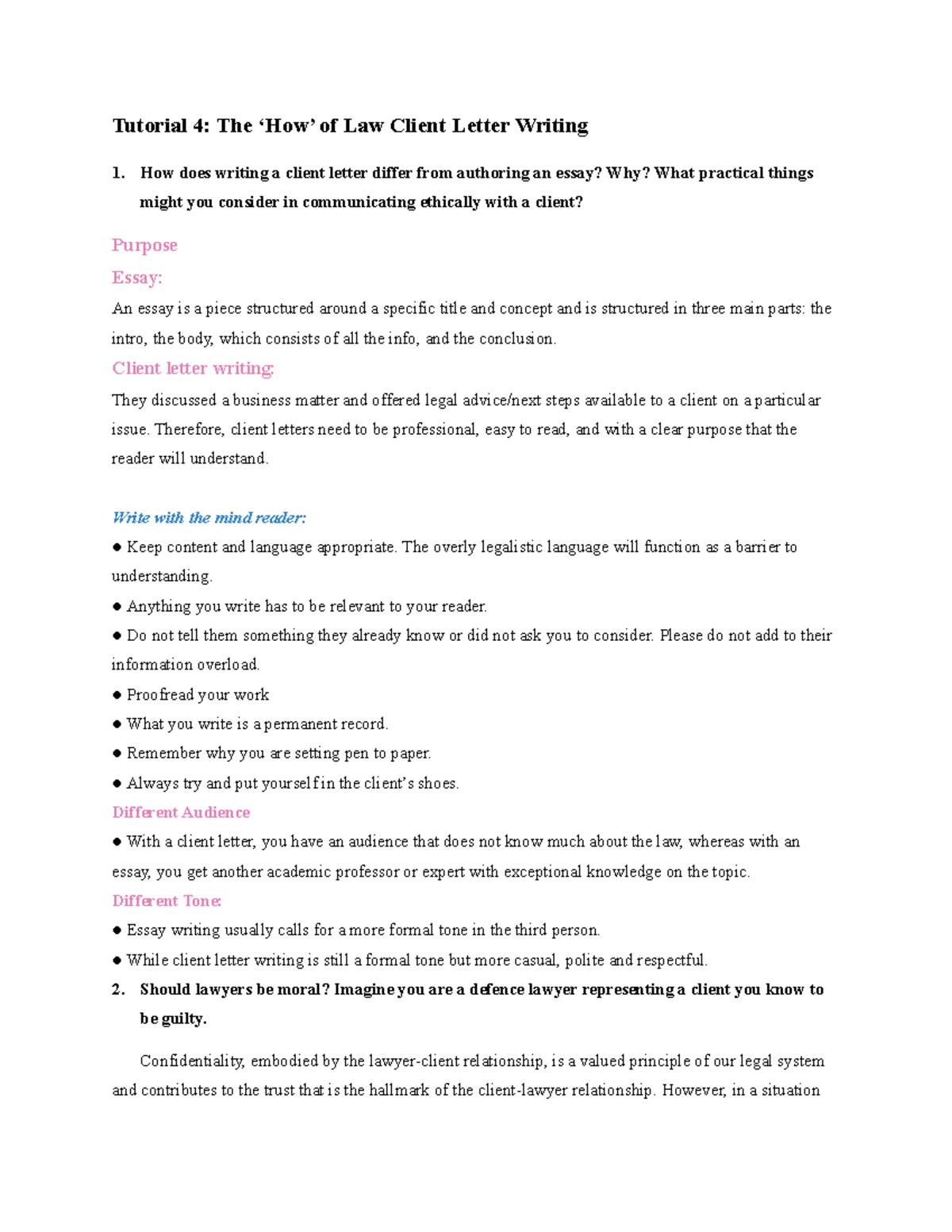 Tutorial 4 - Tutorial 4: The ‘How’ of Law Client Letter Writing How ...