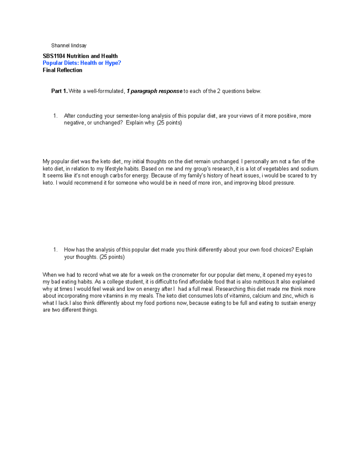 Popular diet reflection - Shannel lindsay SBS1104 Nutrition and Health ...