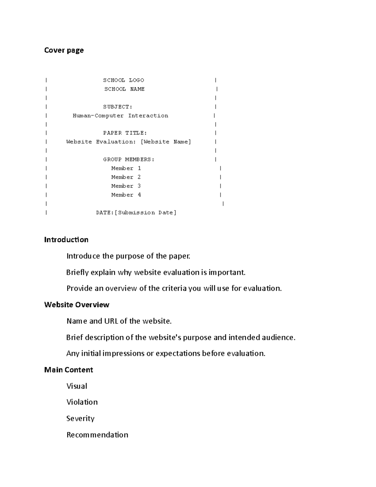 Heuristic Evaluation Template - Cover page | SCHOOL LOGO | | SCHOOL ...