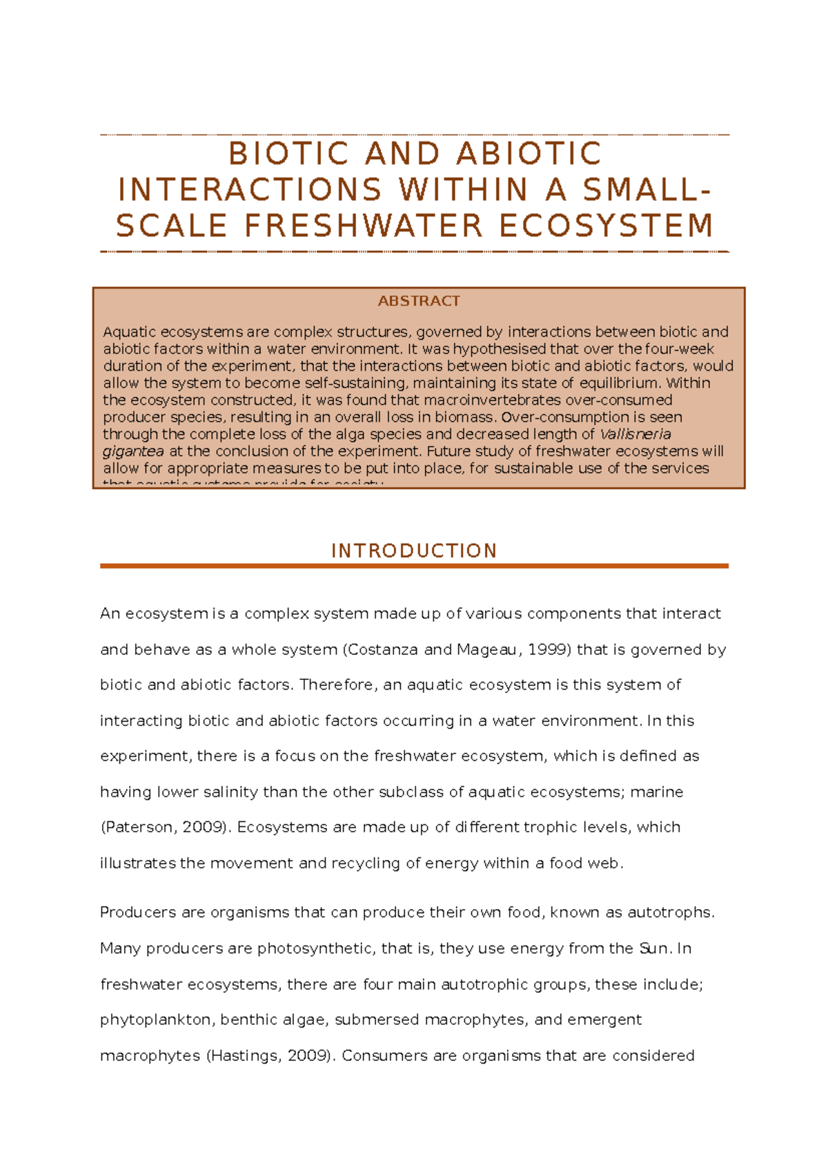Ecosystem Report - BIOTIC AND ABIOTIC INTERACTIONS WITHIN A SMALLSCALE ...