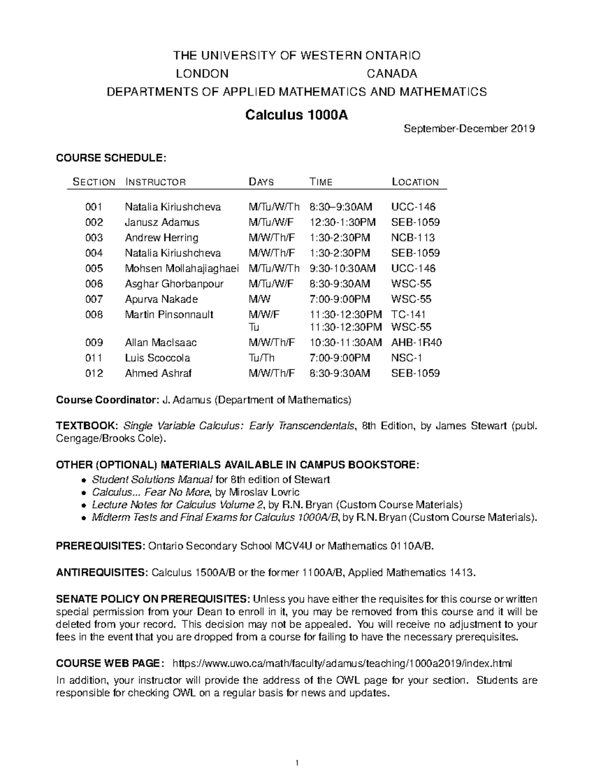Calculus 1000 - Course Outline - THE UNIVERSITY OF WESTERN ONTARIO ...