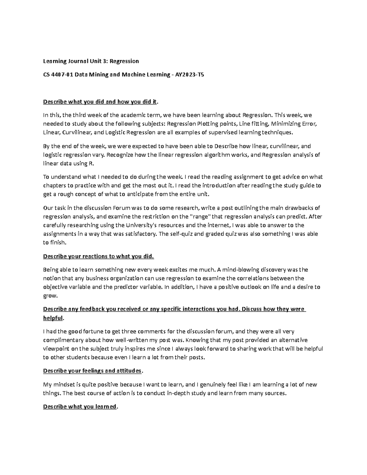 Learning Journal Unit 3 - In this, the third week of the academic term, we have been learning ...