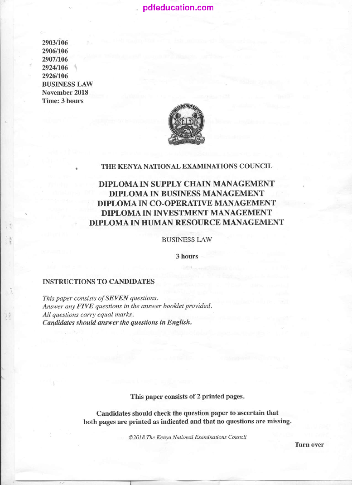 Business Law KNEC Past Papers Nov 2018 - business management ...
